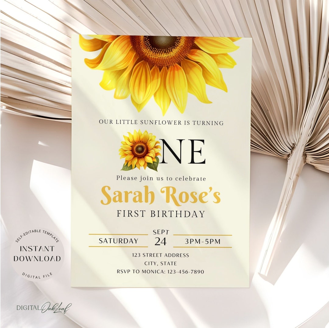 Editable Sunflower Birthday Invitation Template, Sunflower 1st Birthday ...