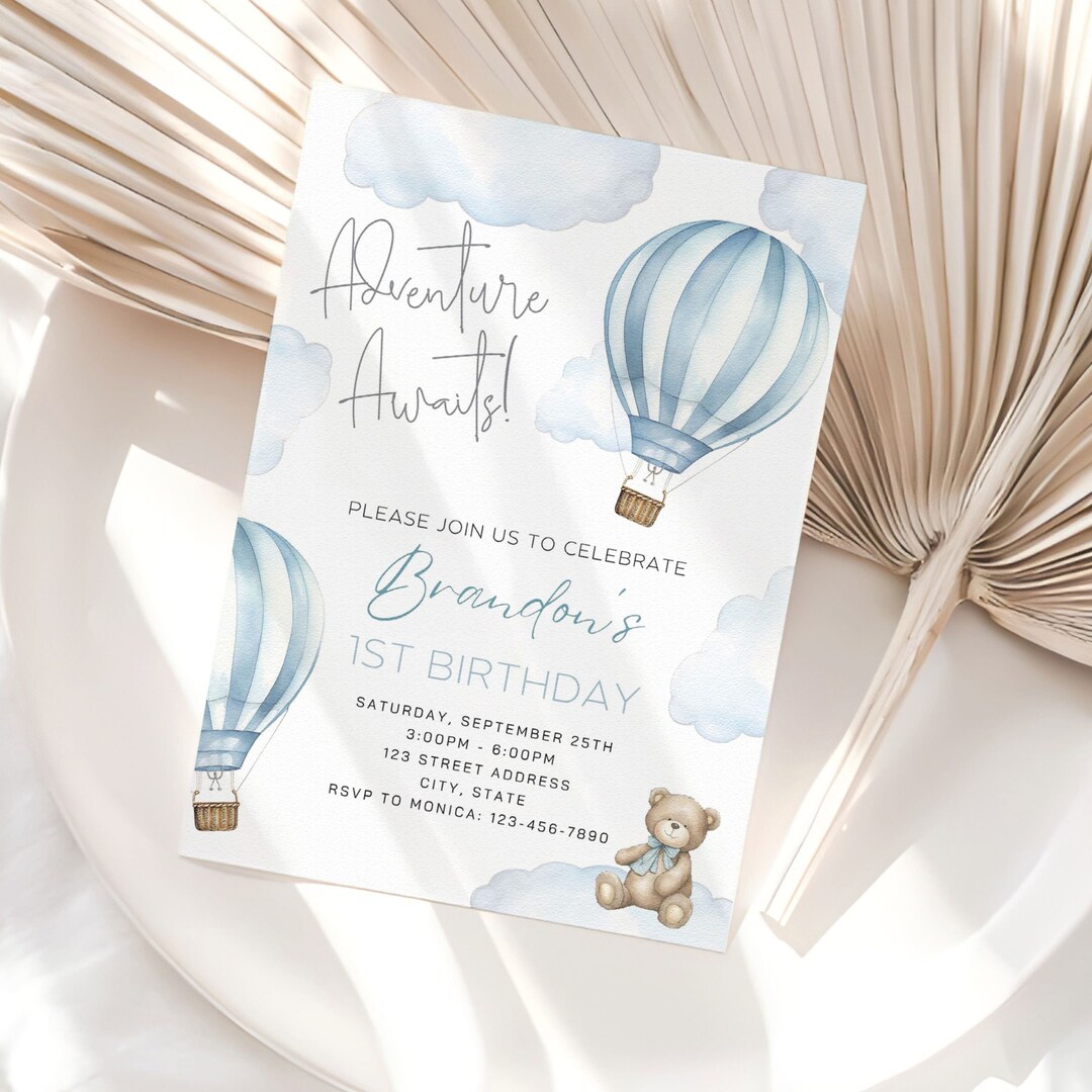 Hot Air Balloon Birthday Invitation, Editable Boys Balloon Party Invite ...