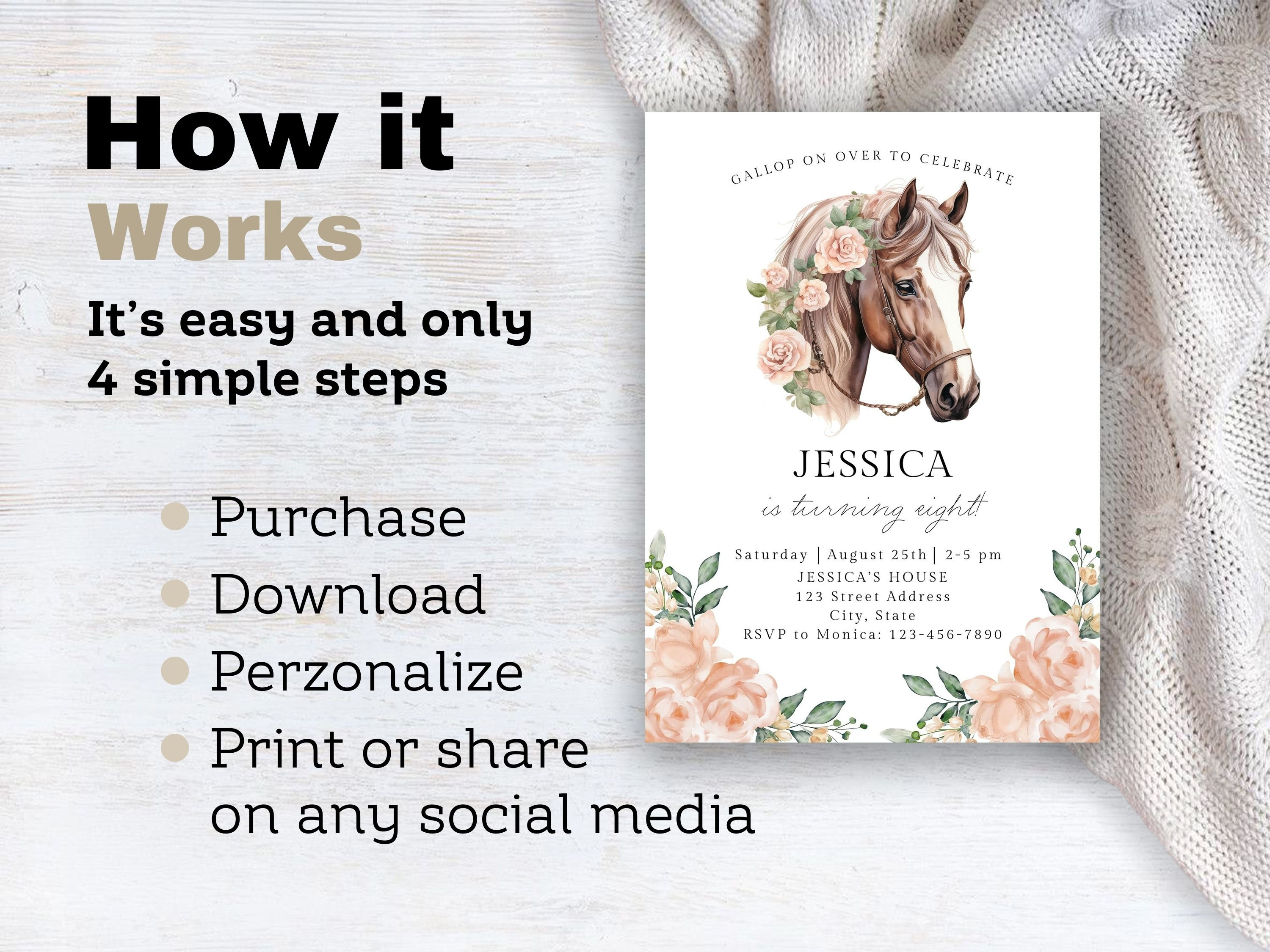 Editable Horse Invitation Template, Floral Horse Birthday Invite, Girly ...