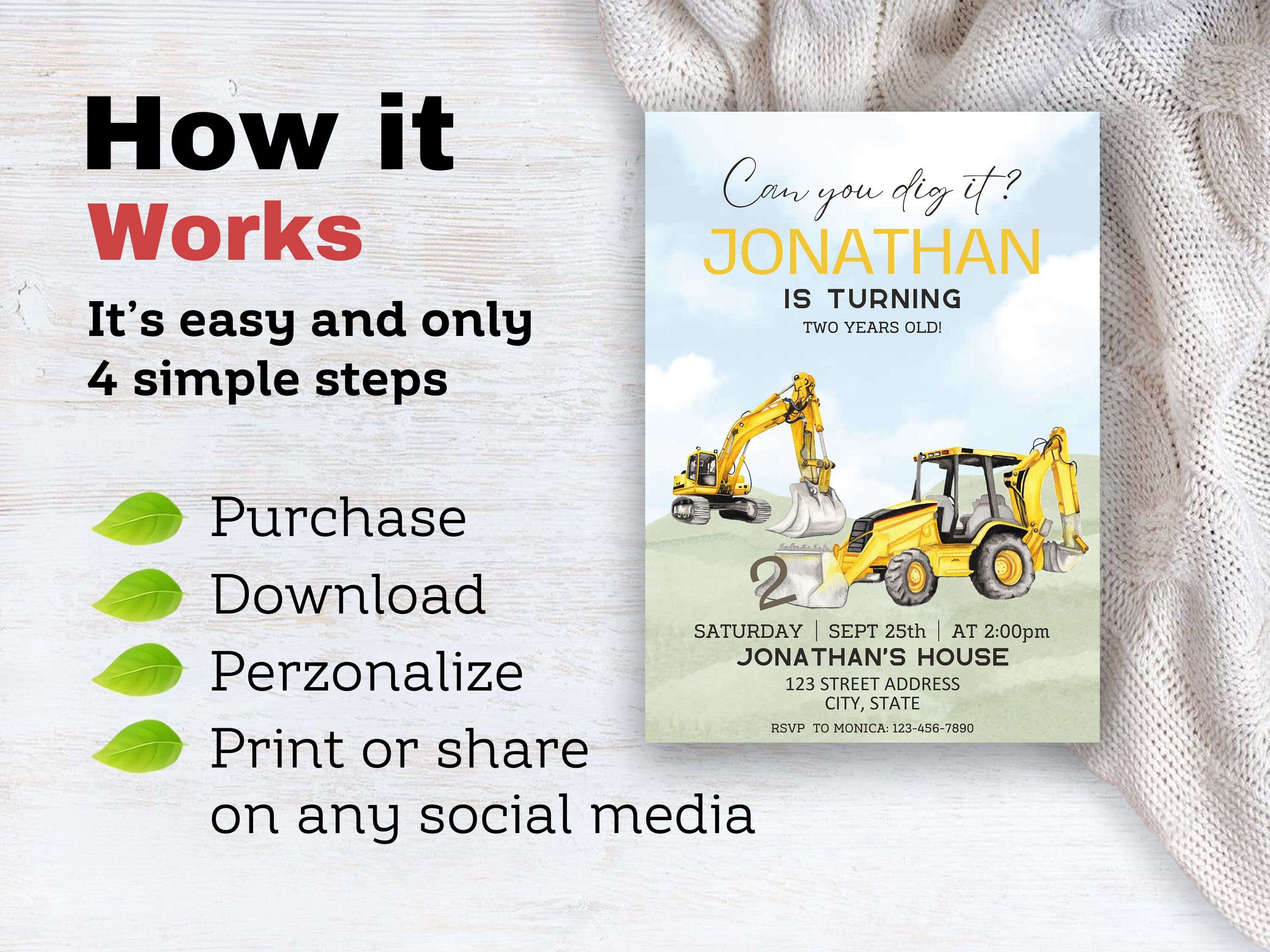 Loader Tractor Birthday Party Invitation, Editable Excavator Invite ...