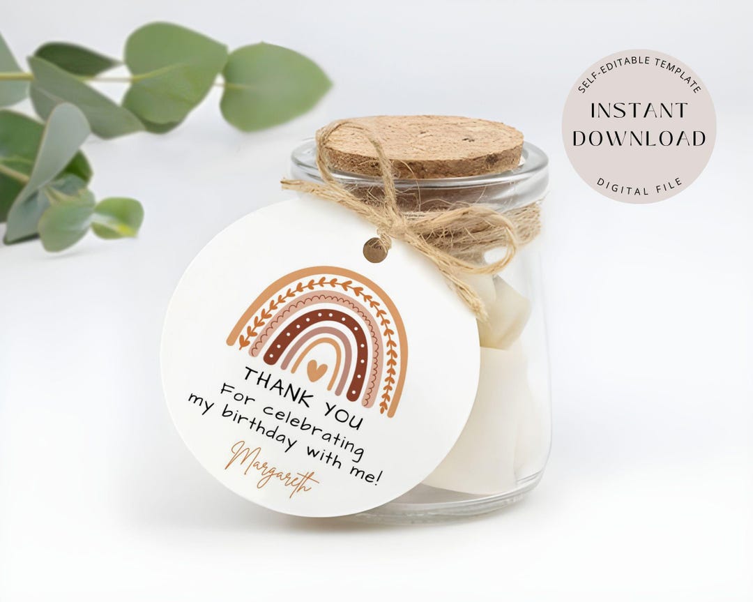 Boho Rainbow Thank You Tag, Simple Birthday Party Favor Tags, Girls ...