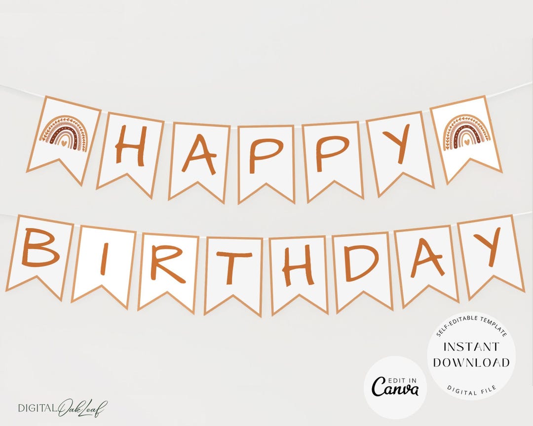 Boho Rainbow Banner, Happy Birthday Party Decor Template, Editable Girl ...