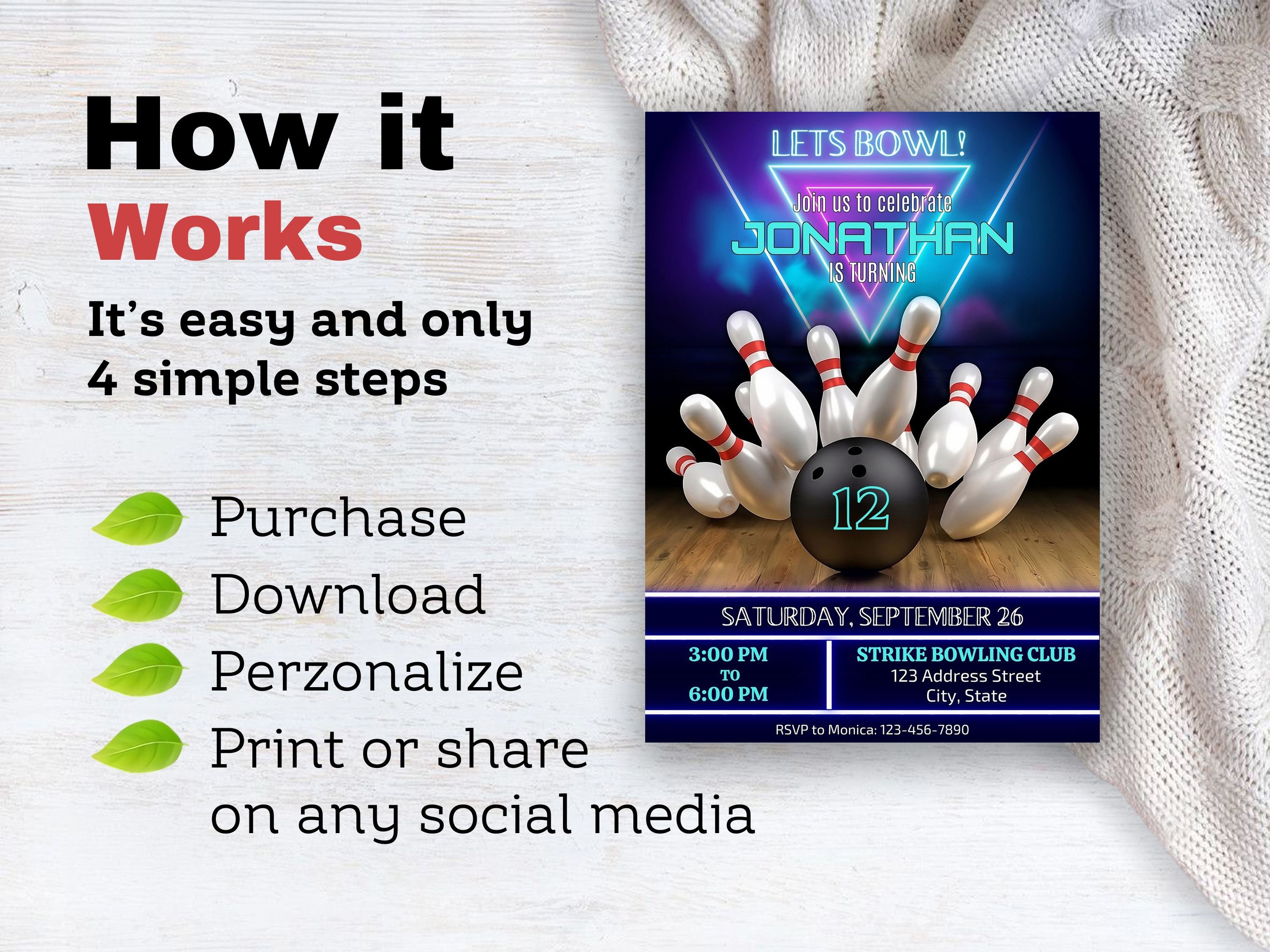 Bowling Birthday Invitation, Bowling Editable Template, Bowling Digital ...