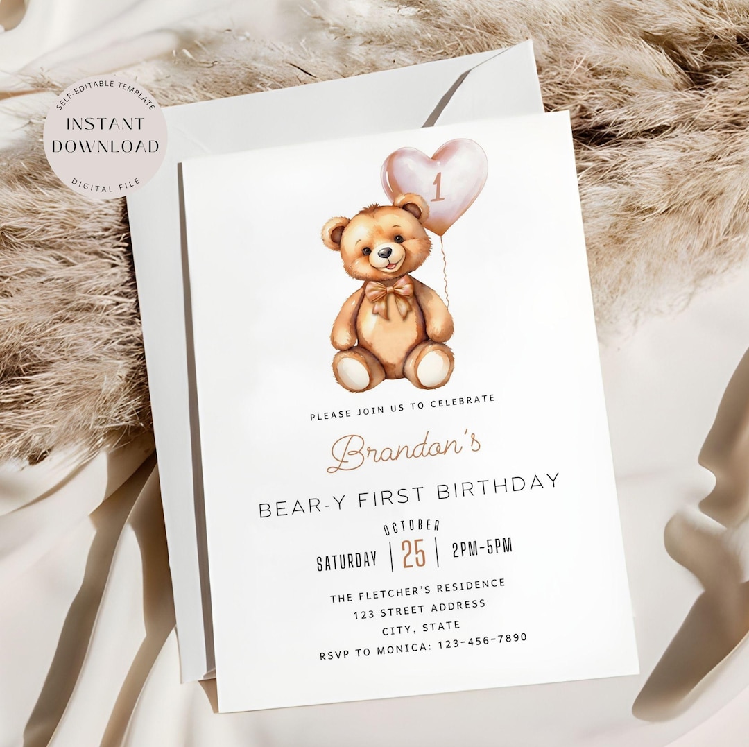 Teddy Bear Birthday Invite, Editable Balloon 1st Birthday Invitation ...