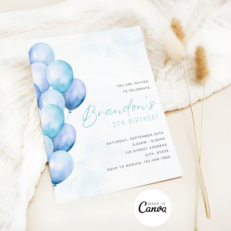 Editable Balloon Birthday Invitation, Printable Blue Balloons Party ...