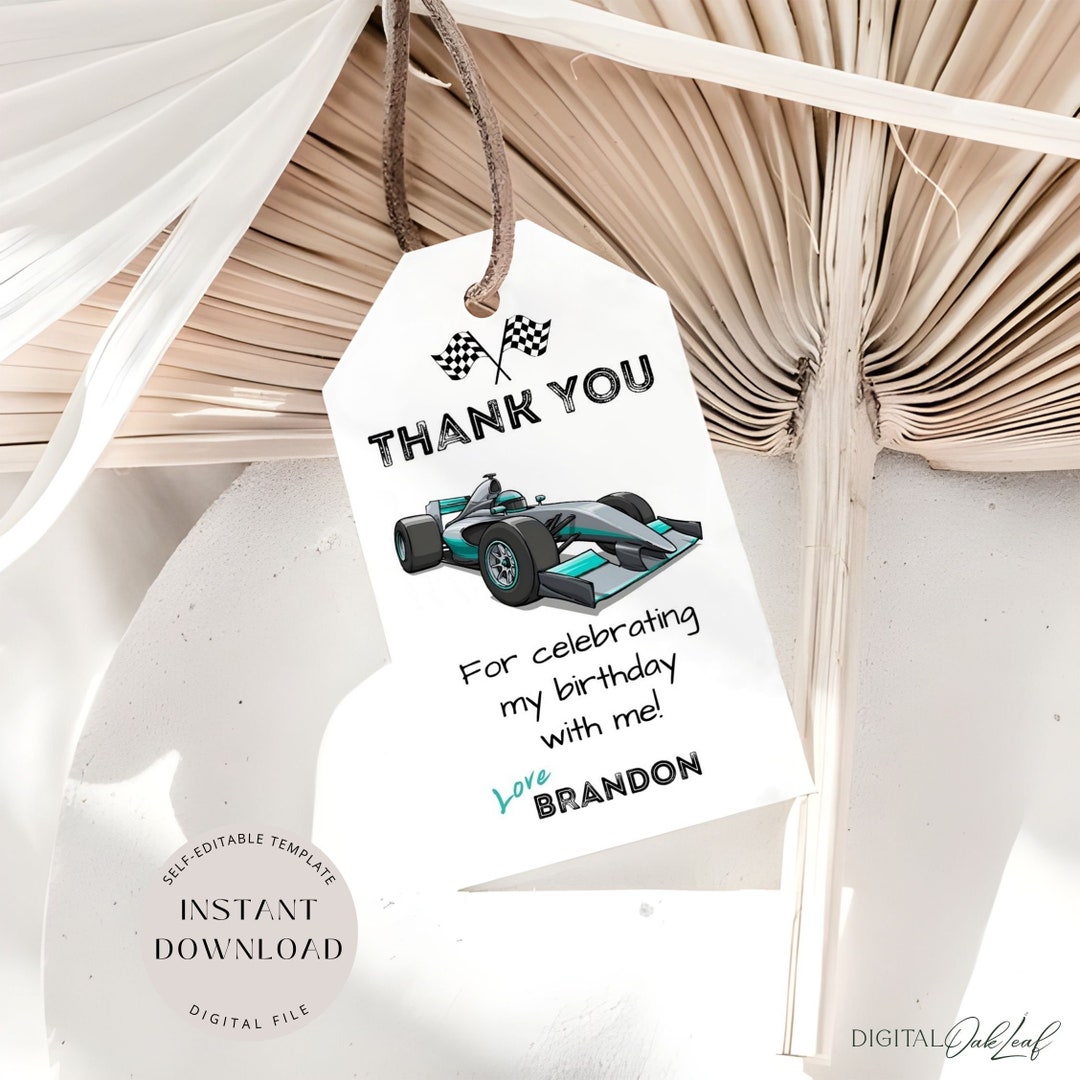 Editable Racing Car Thank You Tag, Formula Birthday Party Favor Tags ...