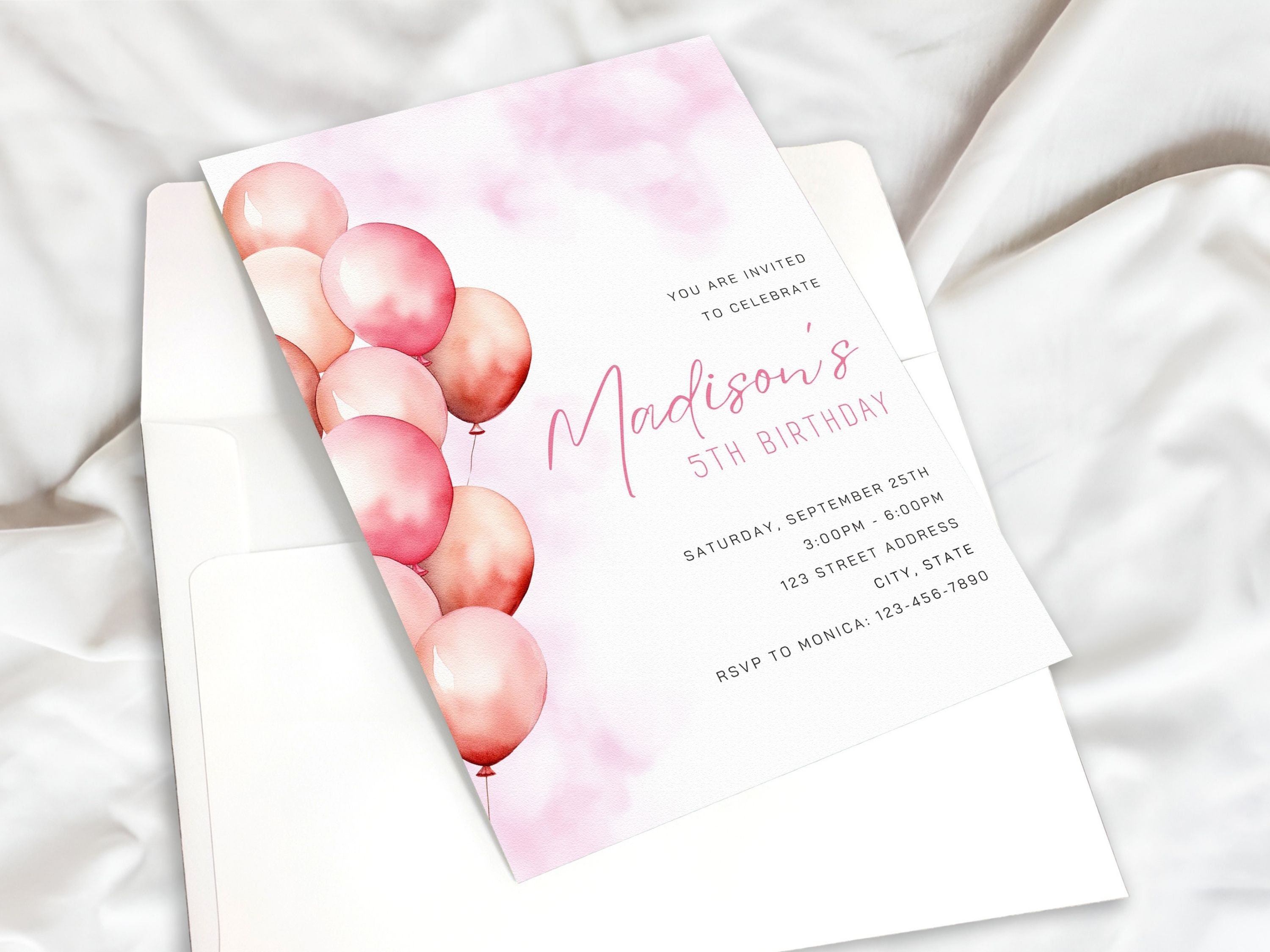 Editable Balloons Birthday Invitation, Printable Blush Pink Party ...