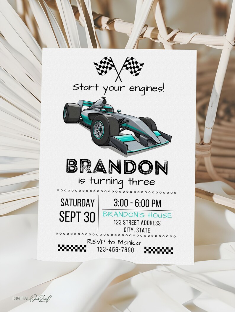 Racing Car Birthday Invitation Template, Green Race Car Party Invite ...