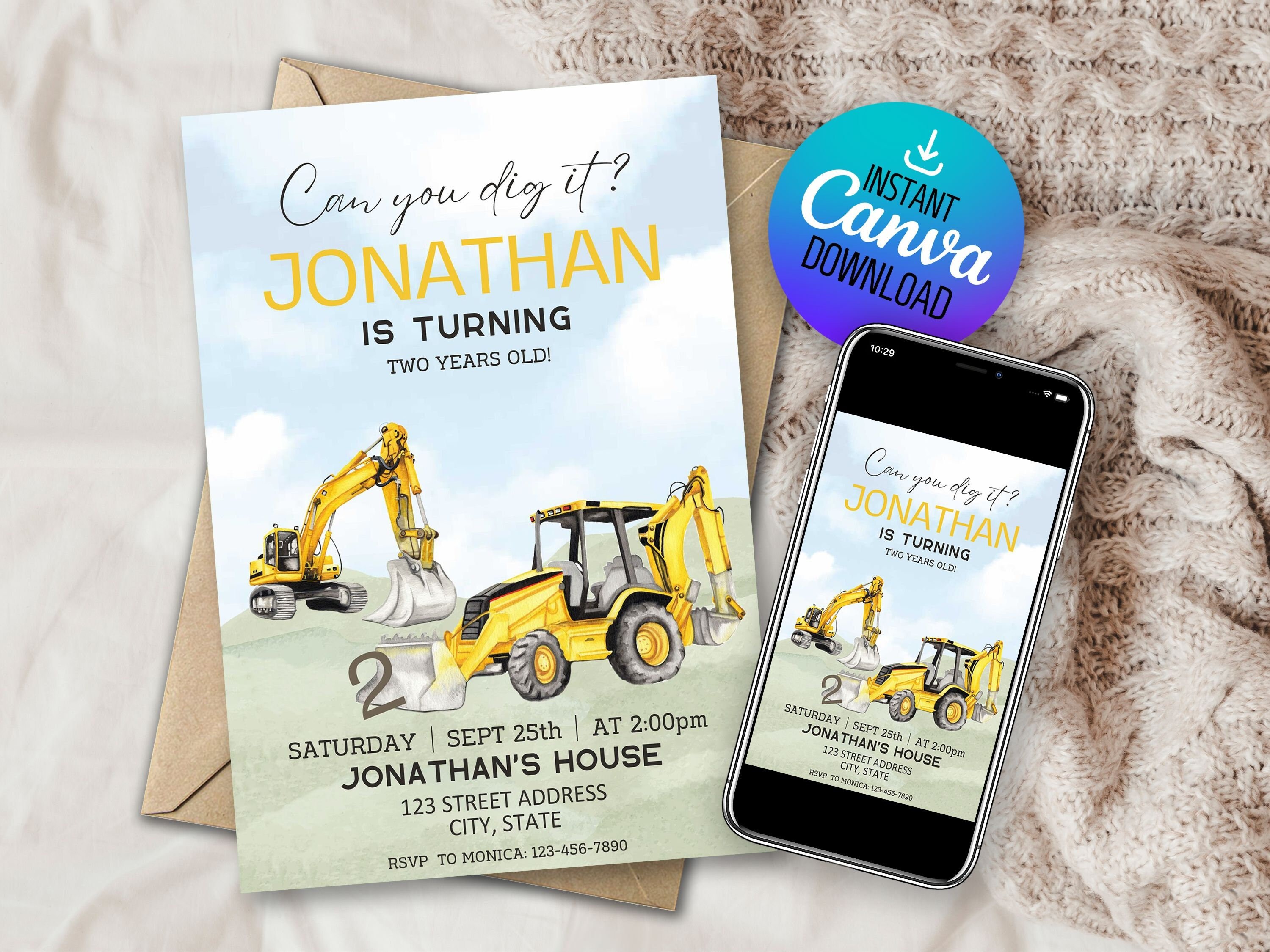 Loader Tractor Birthday Party Invitation, Editable Excavator Invite ...