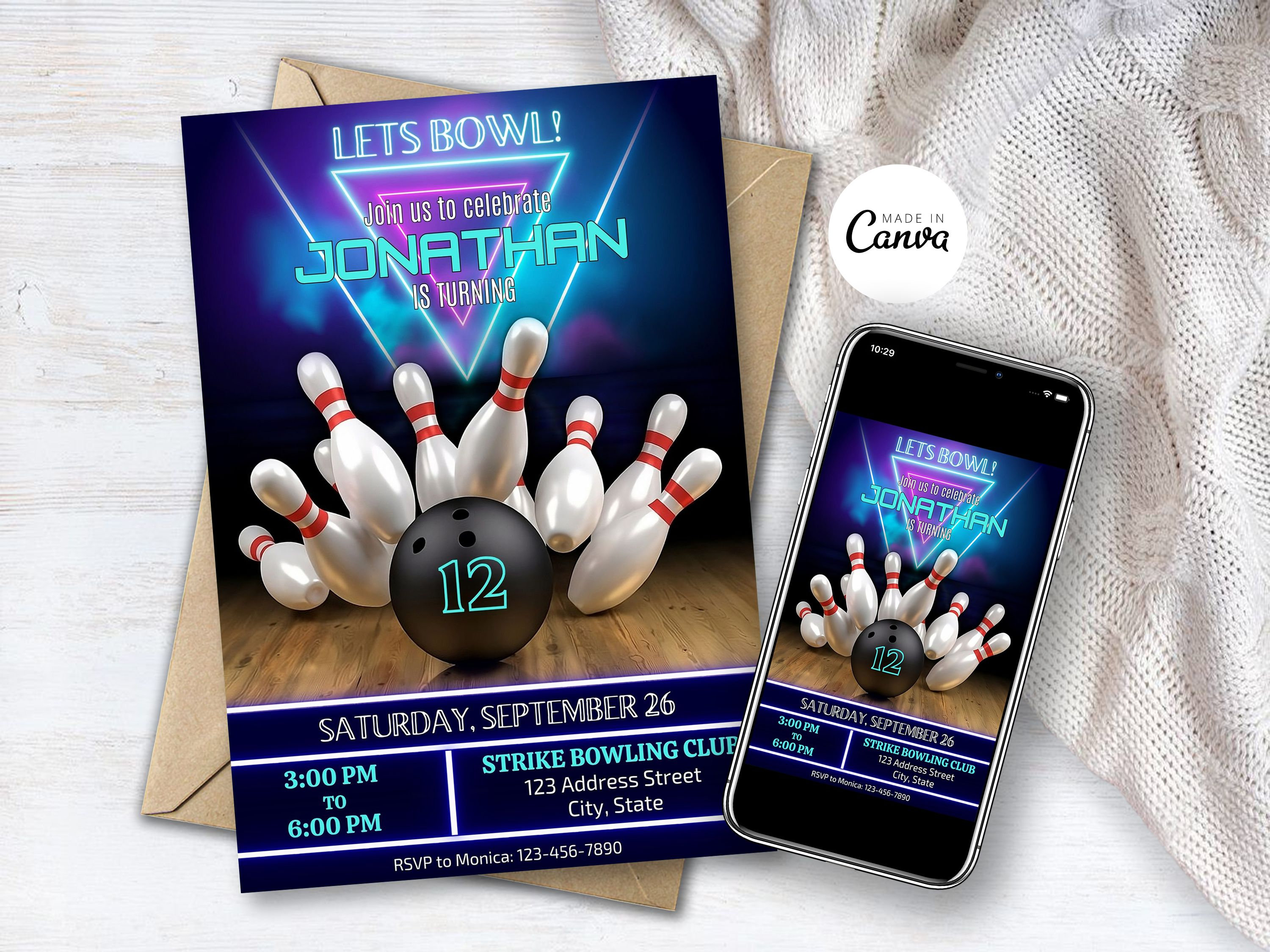 Bowling Birthday Invitation, Bowling Editable Template, Bowling Digital ...