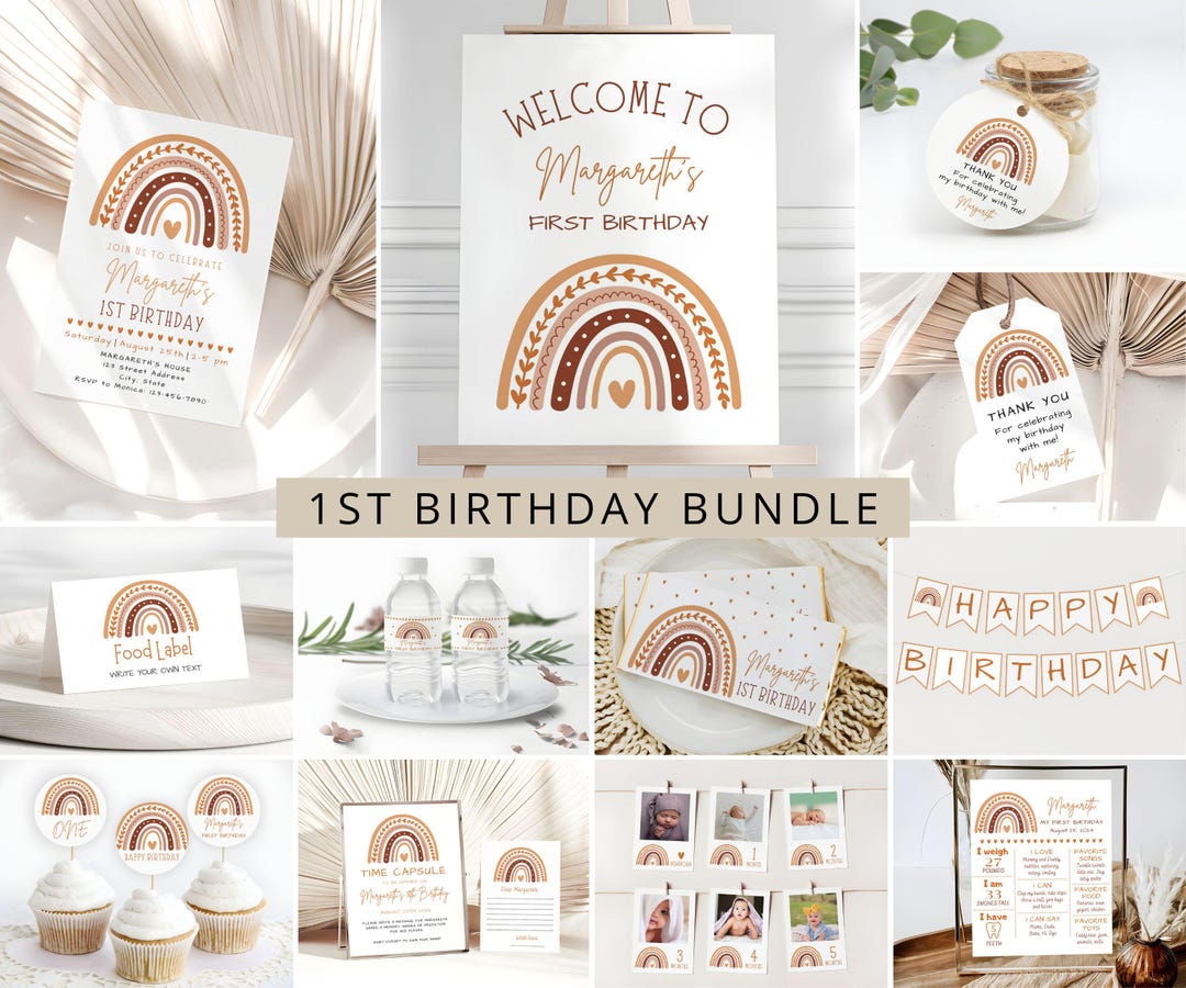 Boho Rainbow Birthday Bundle, Editable Invitation Templates, Girls 1st ...