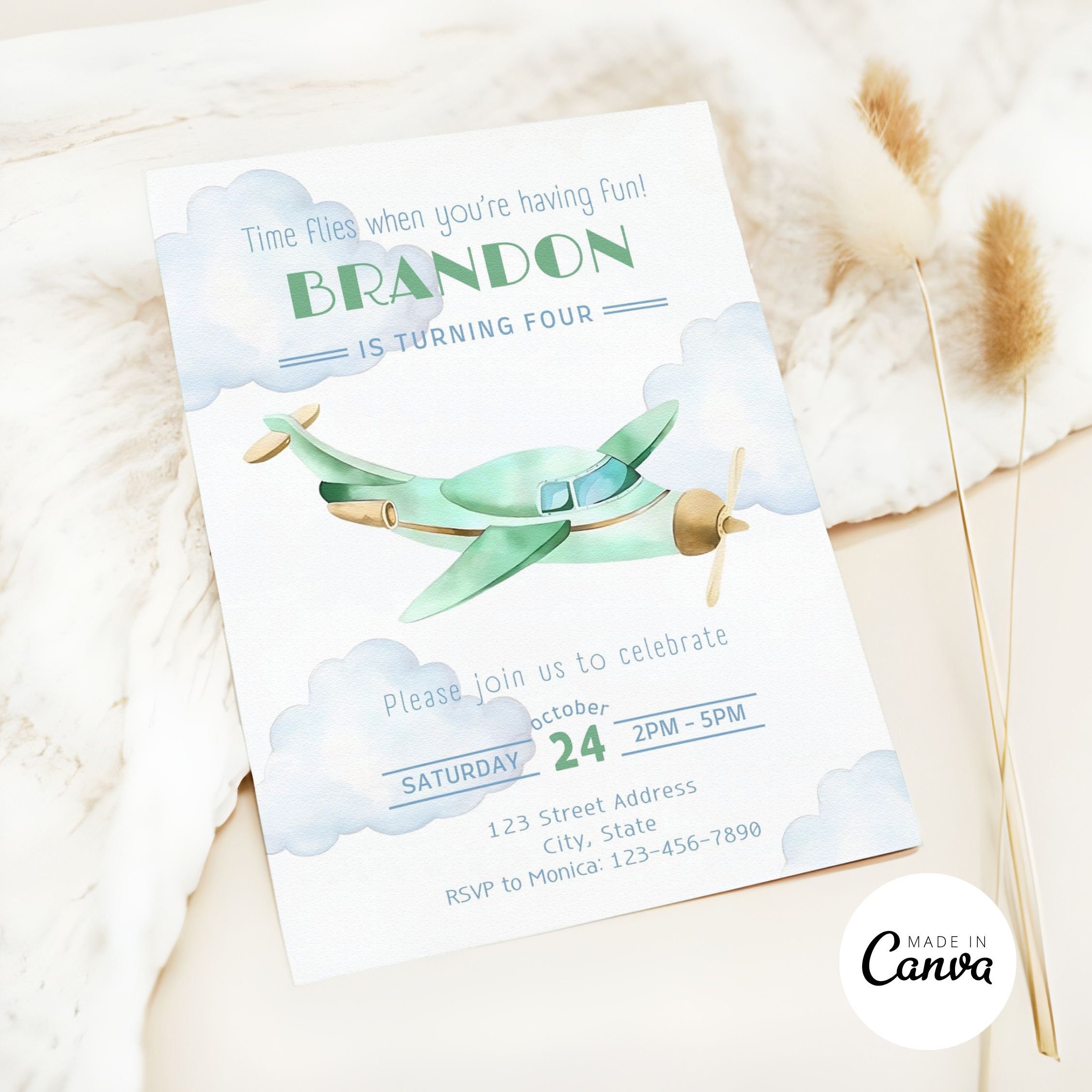 Airplane Birthday Invitation Template, Editable Aviation Birthday Party ...