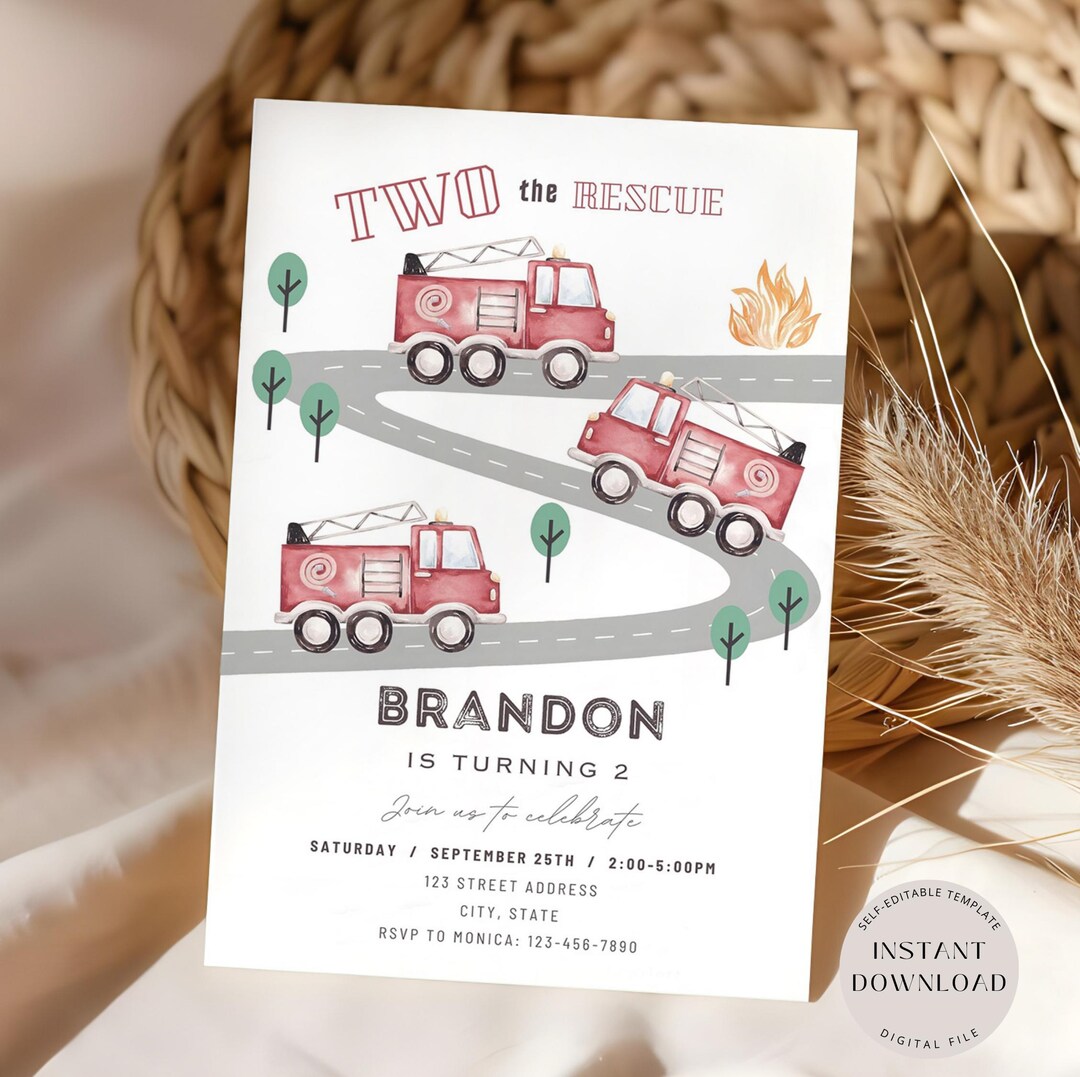 Fire Truck Birthday Invite, Editable Fire Engine Invitation, Any Age ...