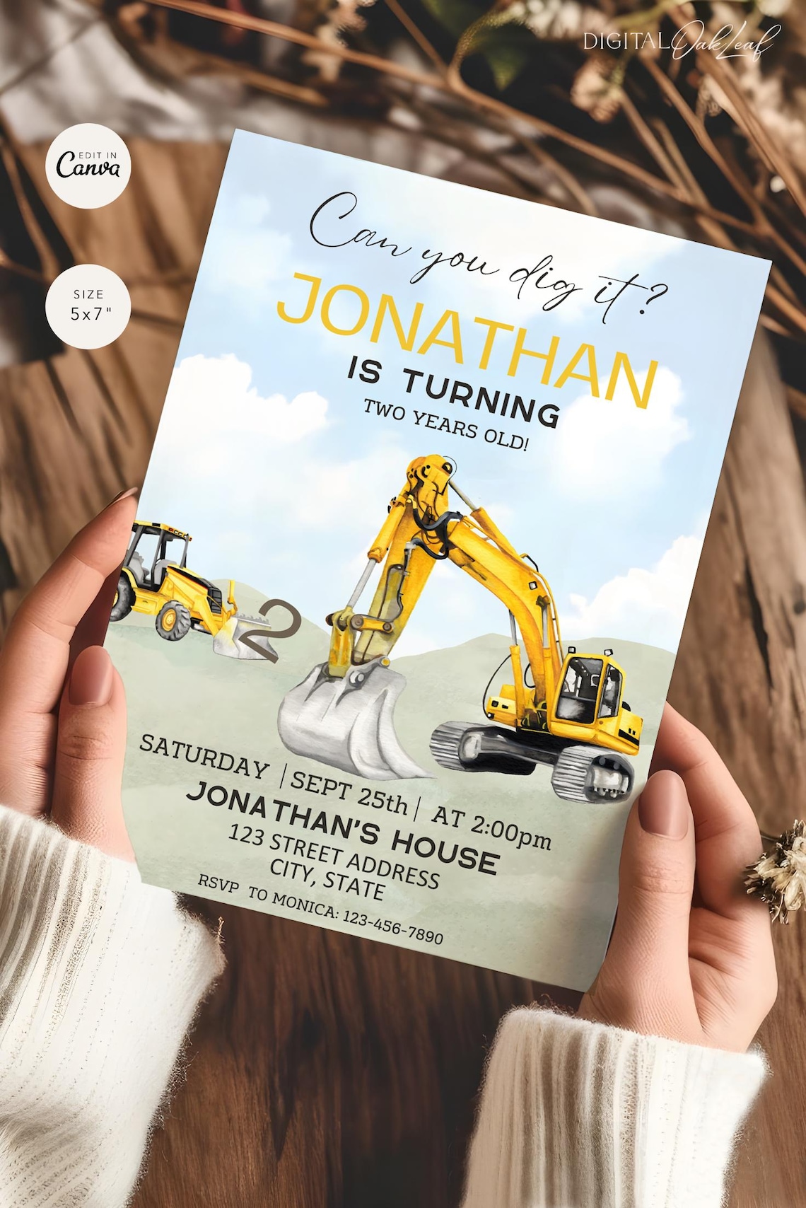 Editable Excavator Birthday Invitation Template, Boys Construction ...