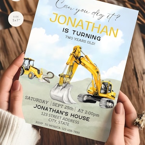 Editable Excavator Birthday Invitation Template, Boys Construction ...