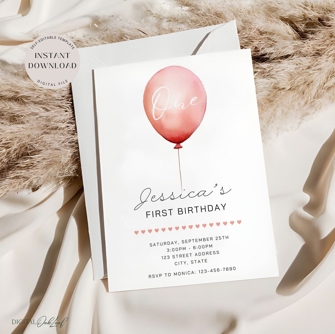 Balloon Birthday Invitation, Editable Simple Balloon Invite, Minimalist ...