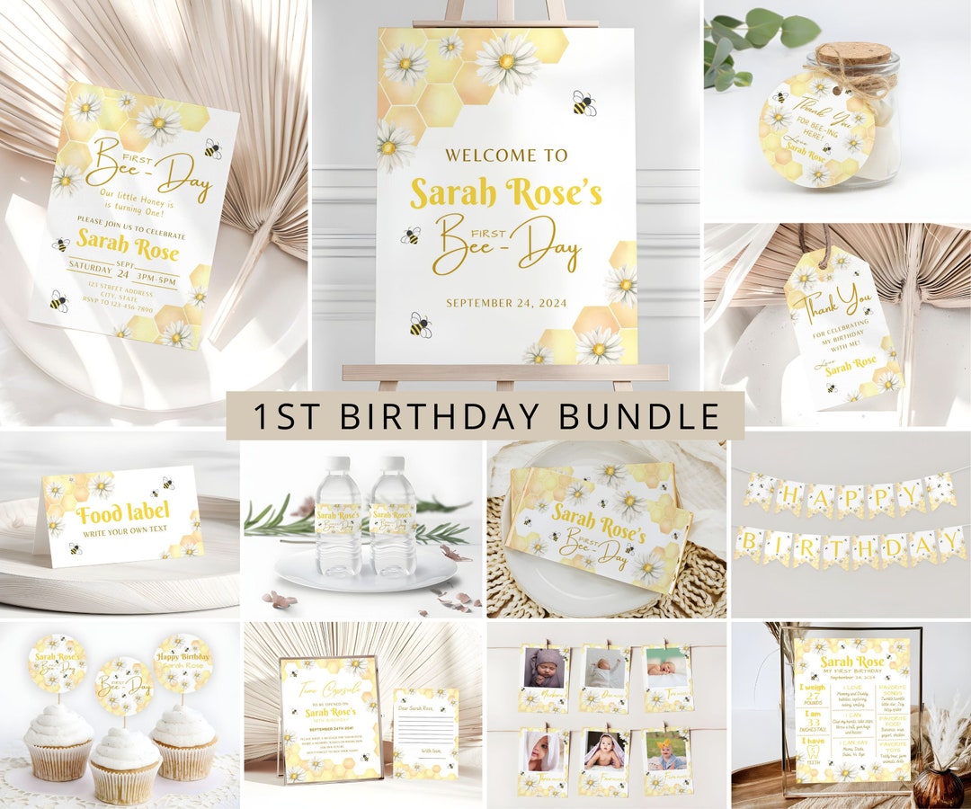 Editable Bee-day Birthday Bundle Template, First Honey Bee Birthday ...
