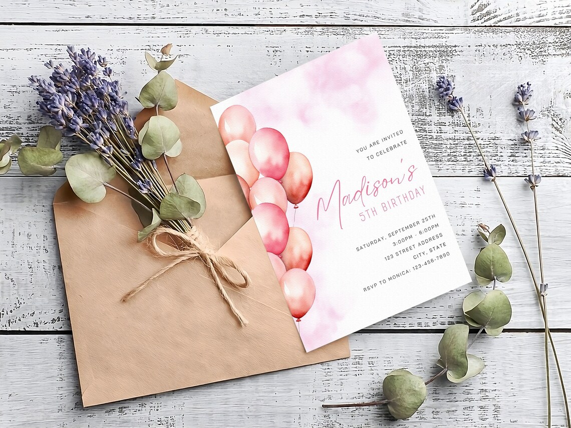 Editable Balloons Birthday Invitation, Printable Blush Pink Party ...