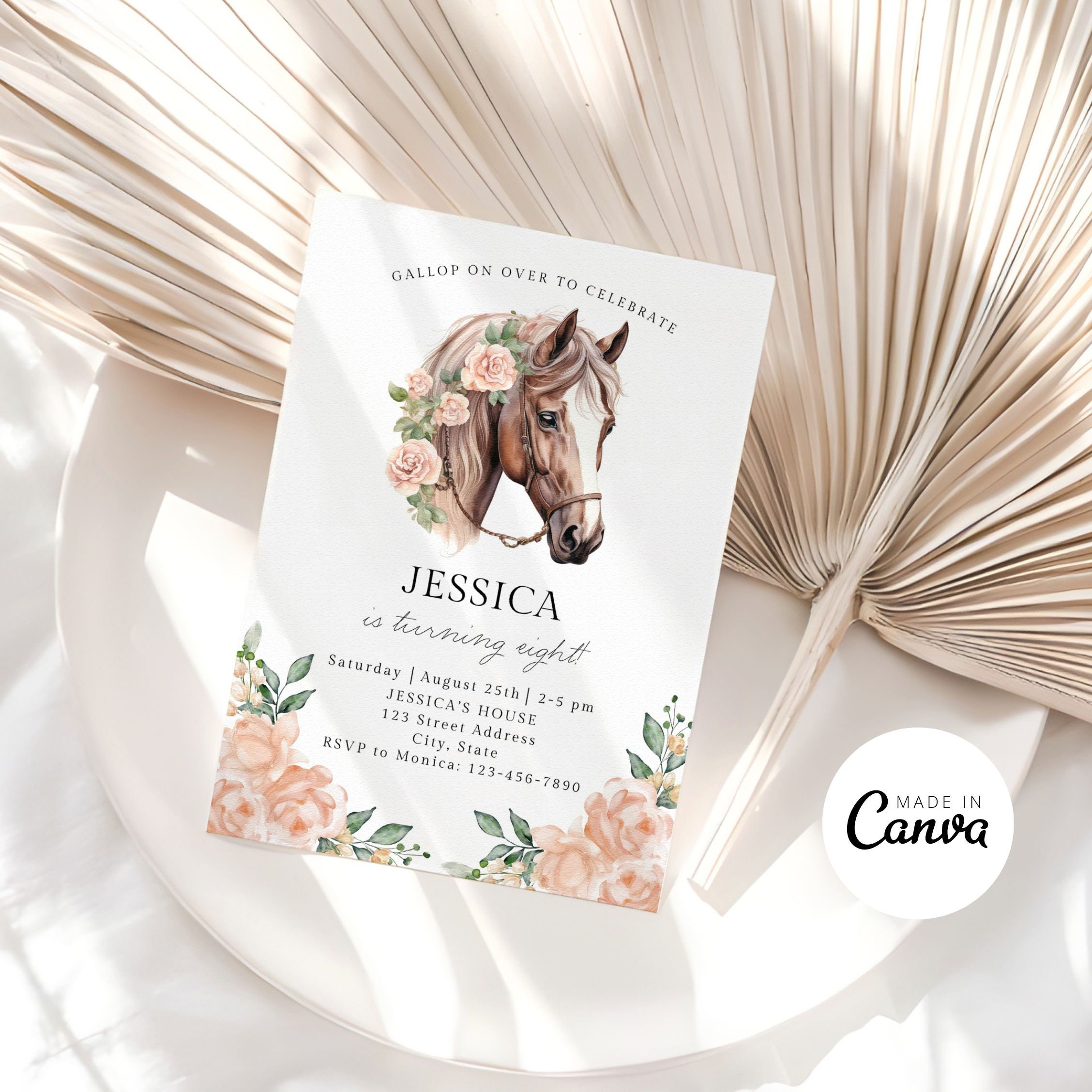 Editable Horse Invitation Template, Floral Horse Birthday Invite, Girly ...