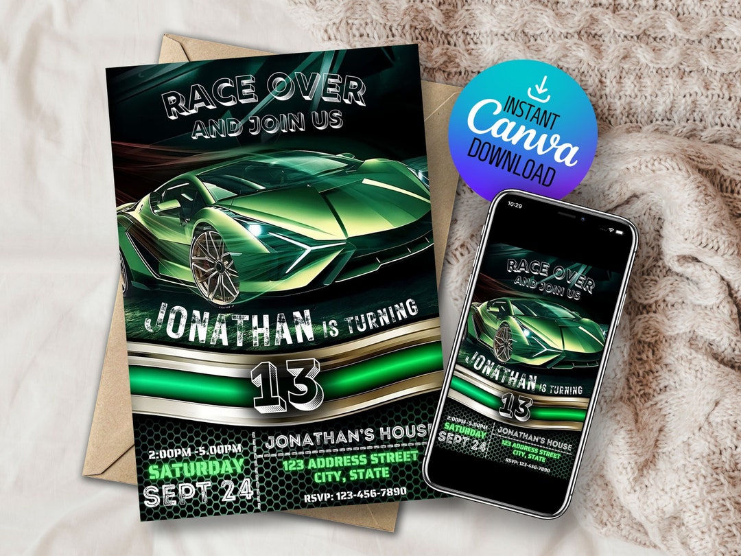 Race Car Birthday Invitation Template, Editable Sports Car Party Evite ...
