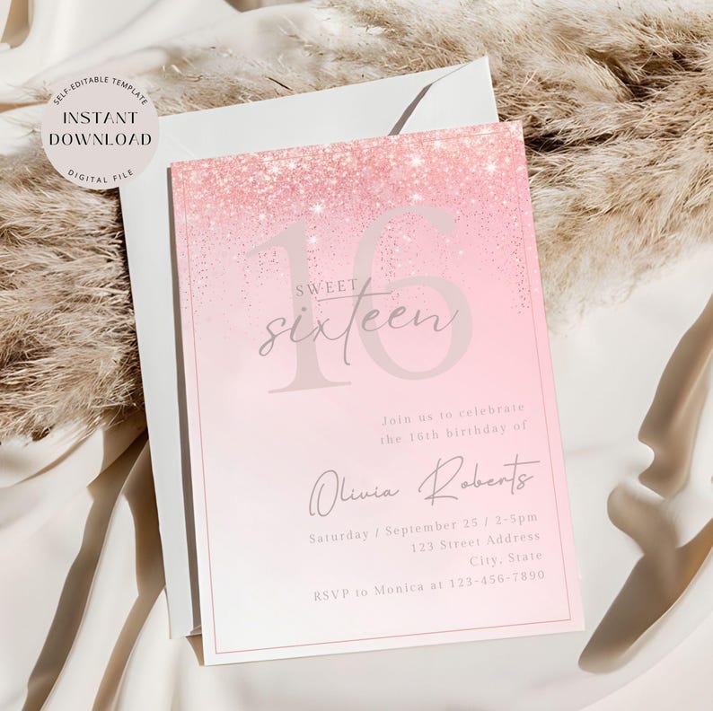 Sweet Sixteen Invite, Editable Sweet 16 Invitation Template, Glitter ...