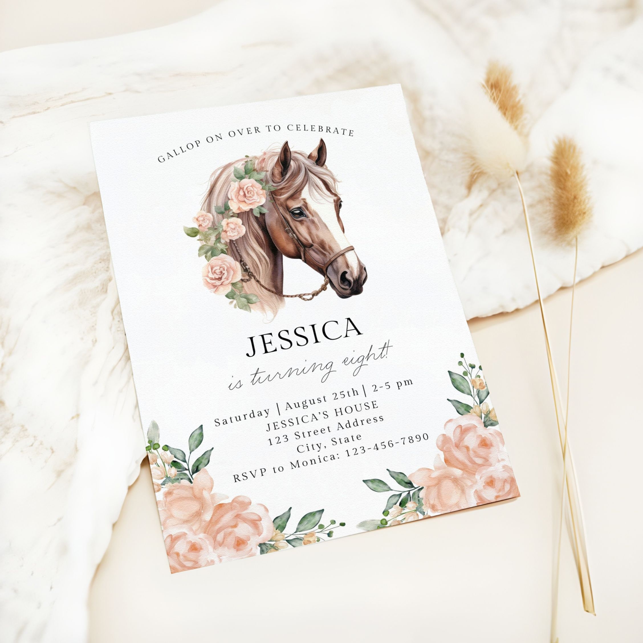 Editable Horse Invitation Template, Floral Horse Birthday Invite, Girly ...