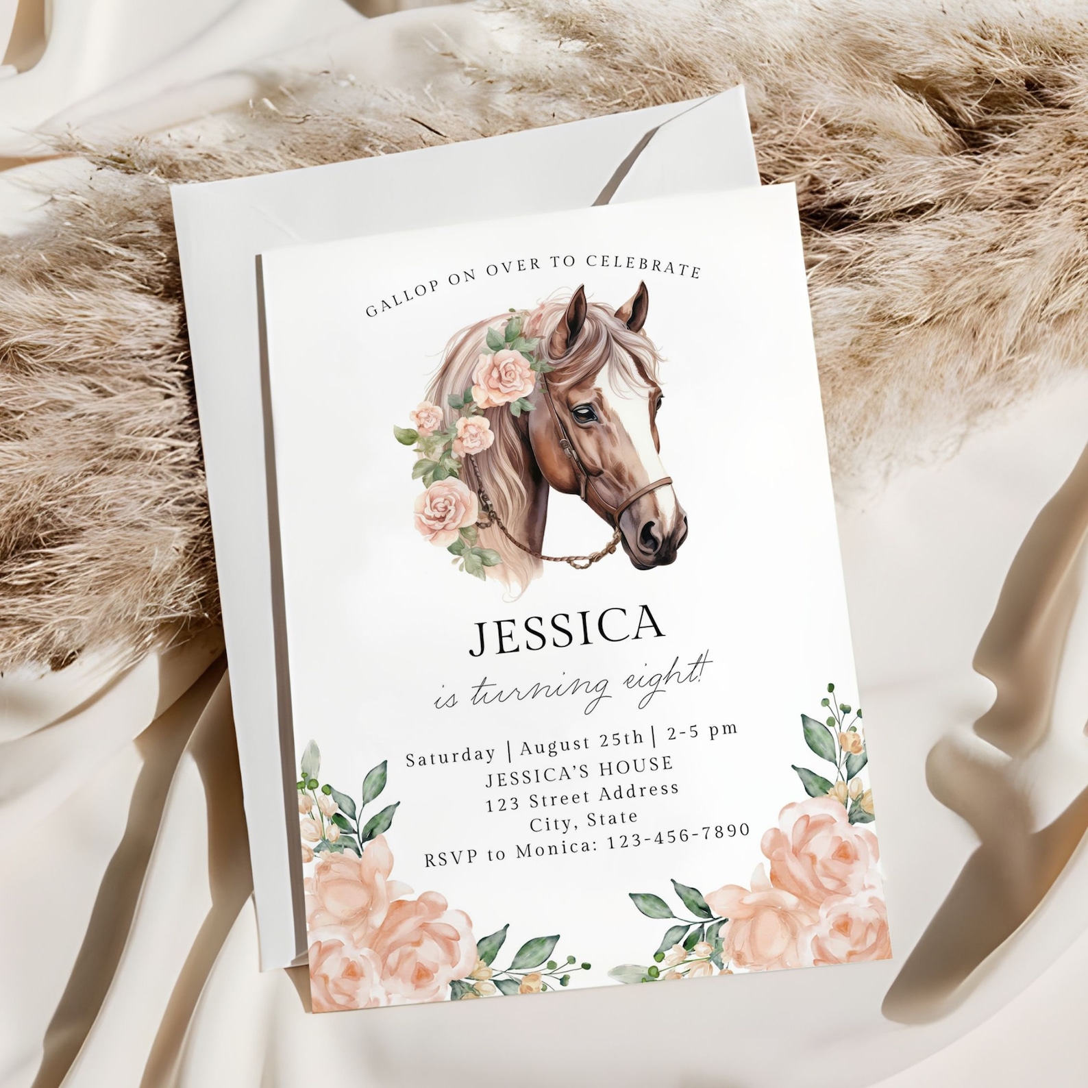 Editable Horse Invitation Template, Floral Horse Birthday Invite, Girly ...