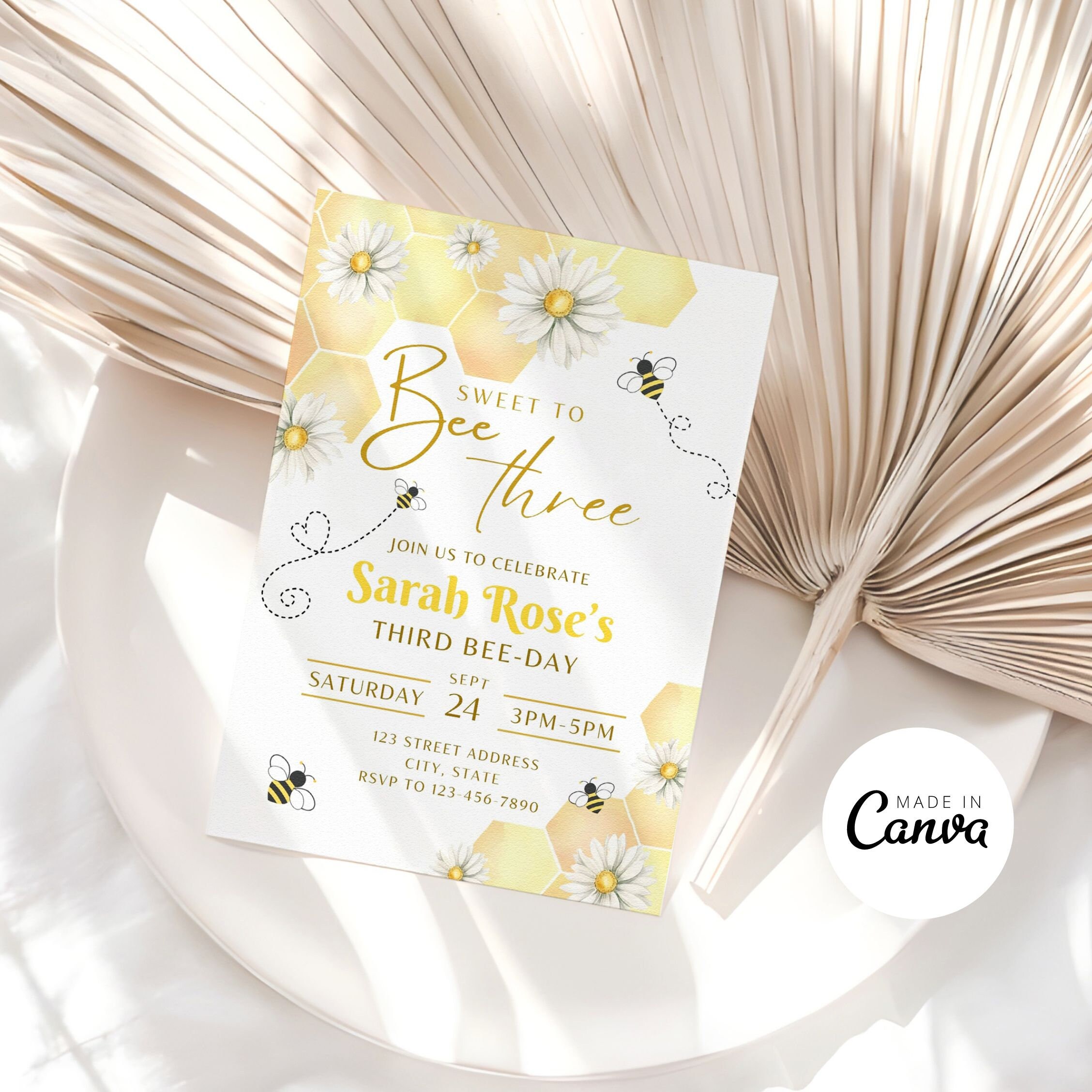 Editable 3rd Bee Birthday Invitation, Honey Bee Birthday Invite ...