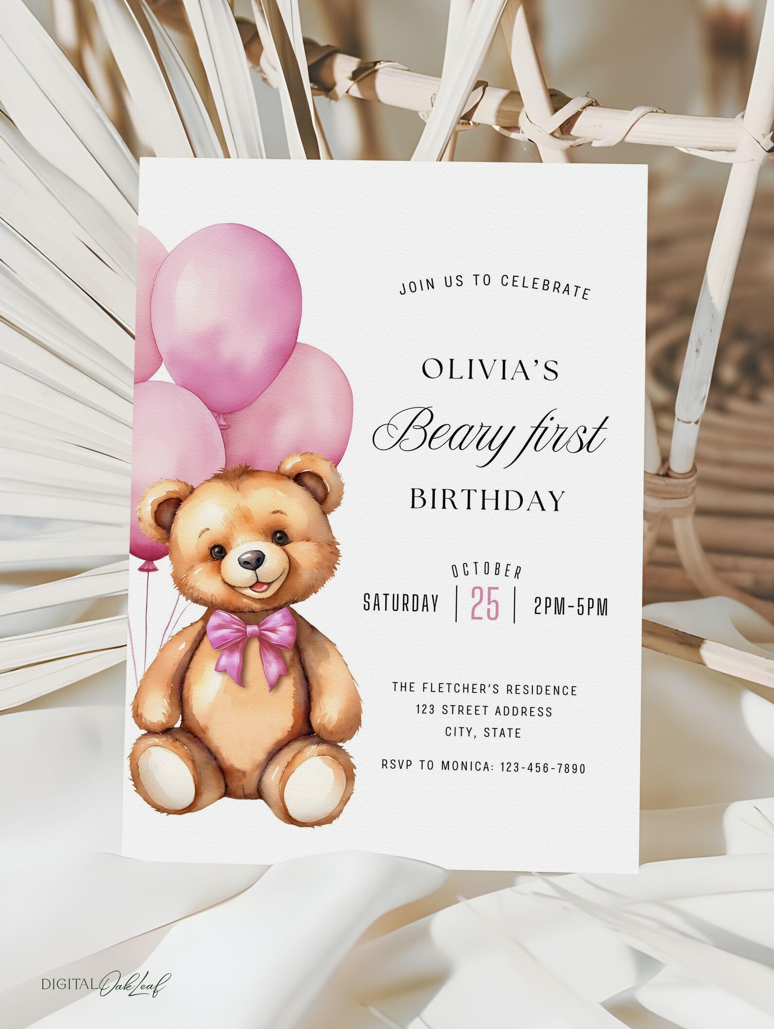 Teddy Bear Birthday Invitation, Editable Pink Balloons Invite Template ...