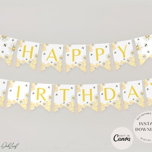 Editable Bee Day Birthday Banner, Happy Birthday Party Decor Template ...