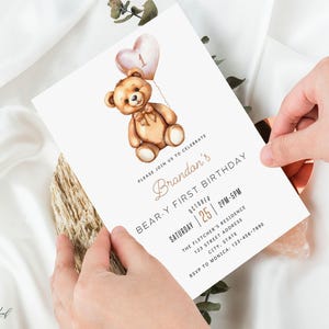 Teddy Bear Birthday Invite, Editable Balloon 1st Birthday Invitation ...