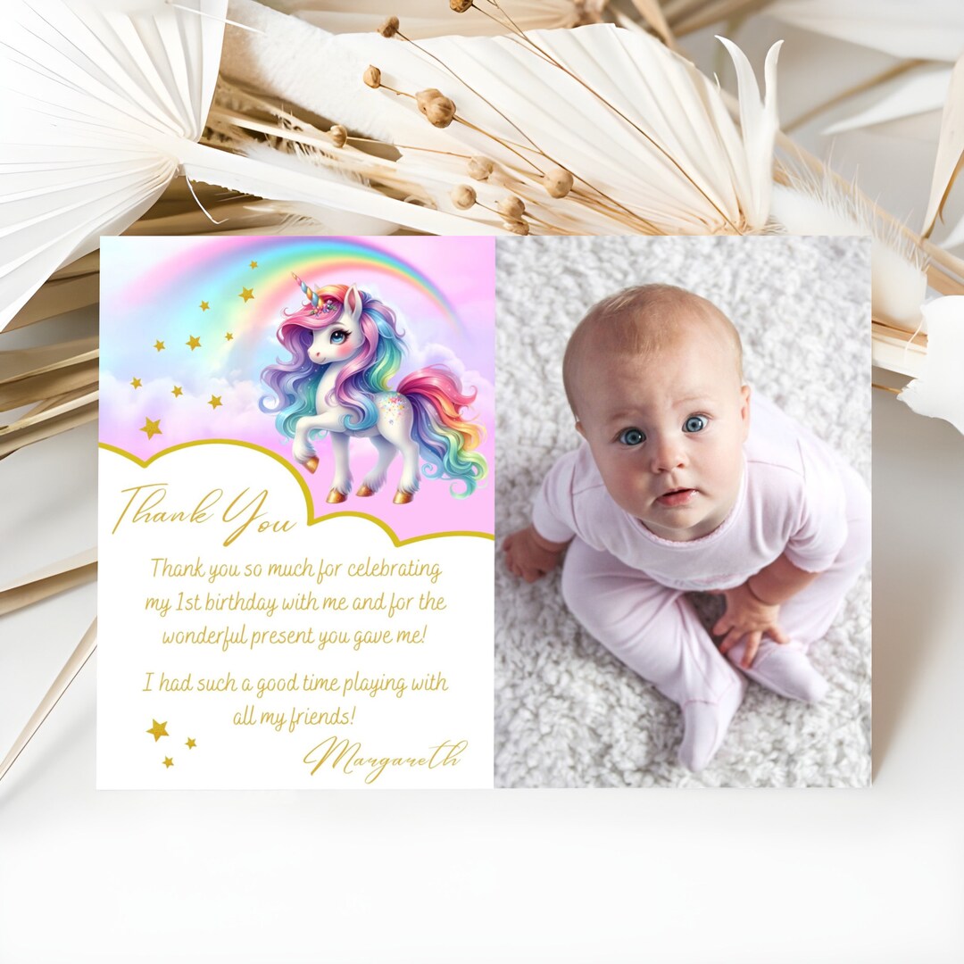 Unicorn Birthday Thank You Card Template, EDITABLE Horse Thank You Card ...