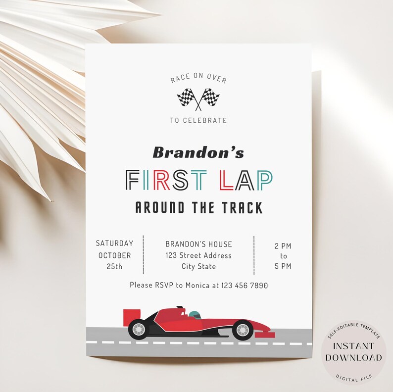 Race Car First Birthday Invitation, First Lap Around the Track Invite ...