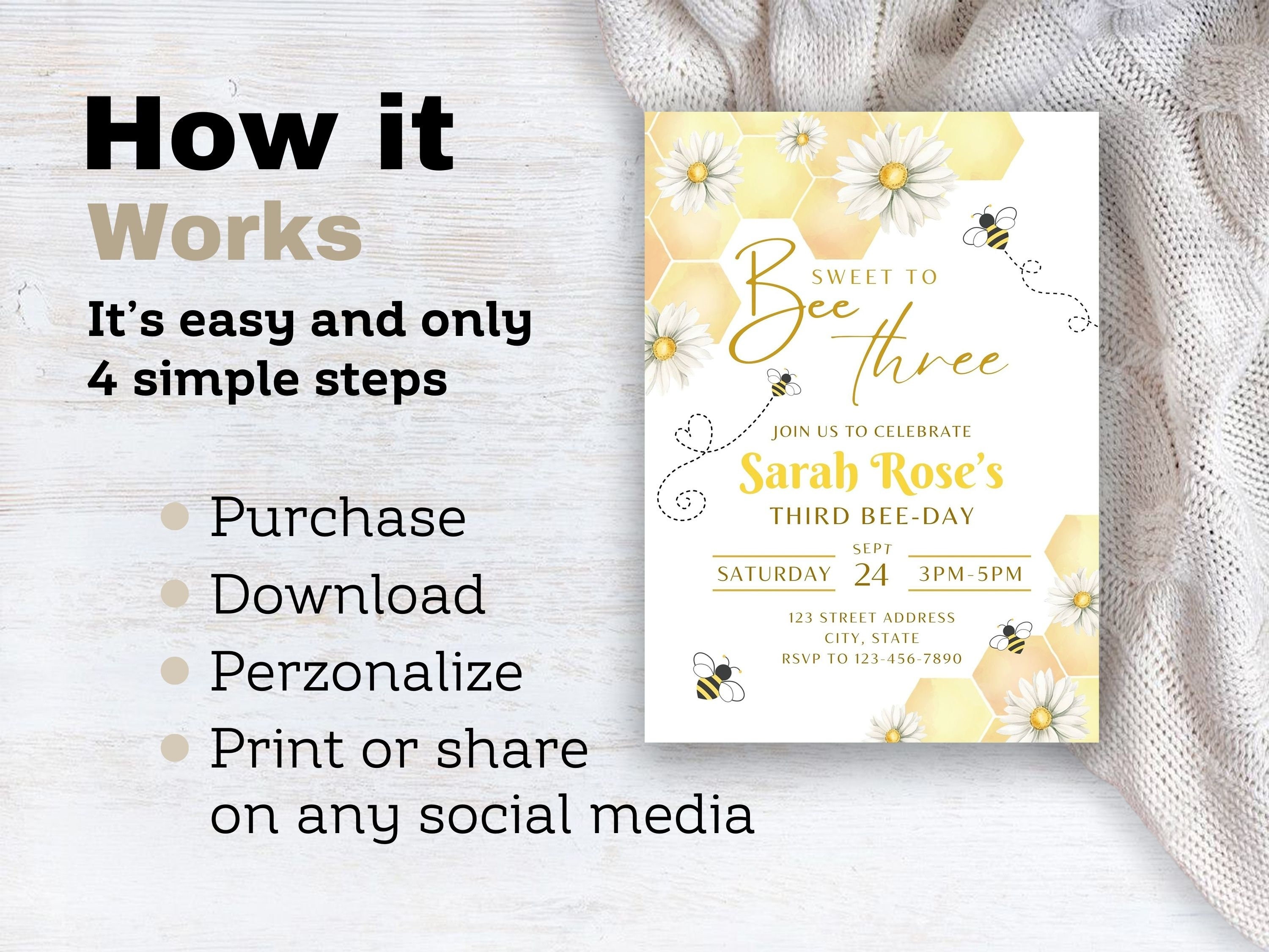 Editable 3rd Bee Birthday Invitation, Honey Bee Birthday Invite ...