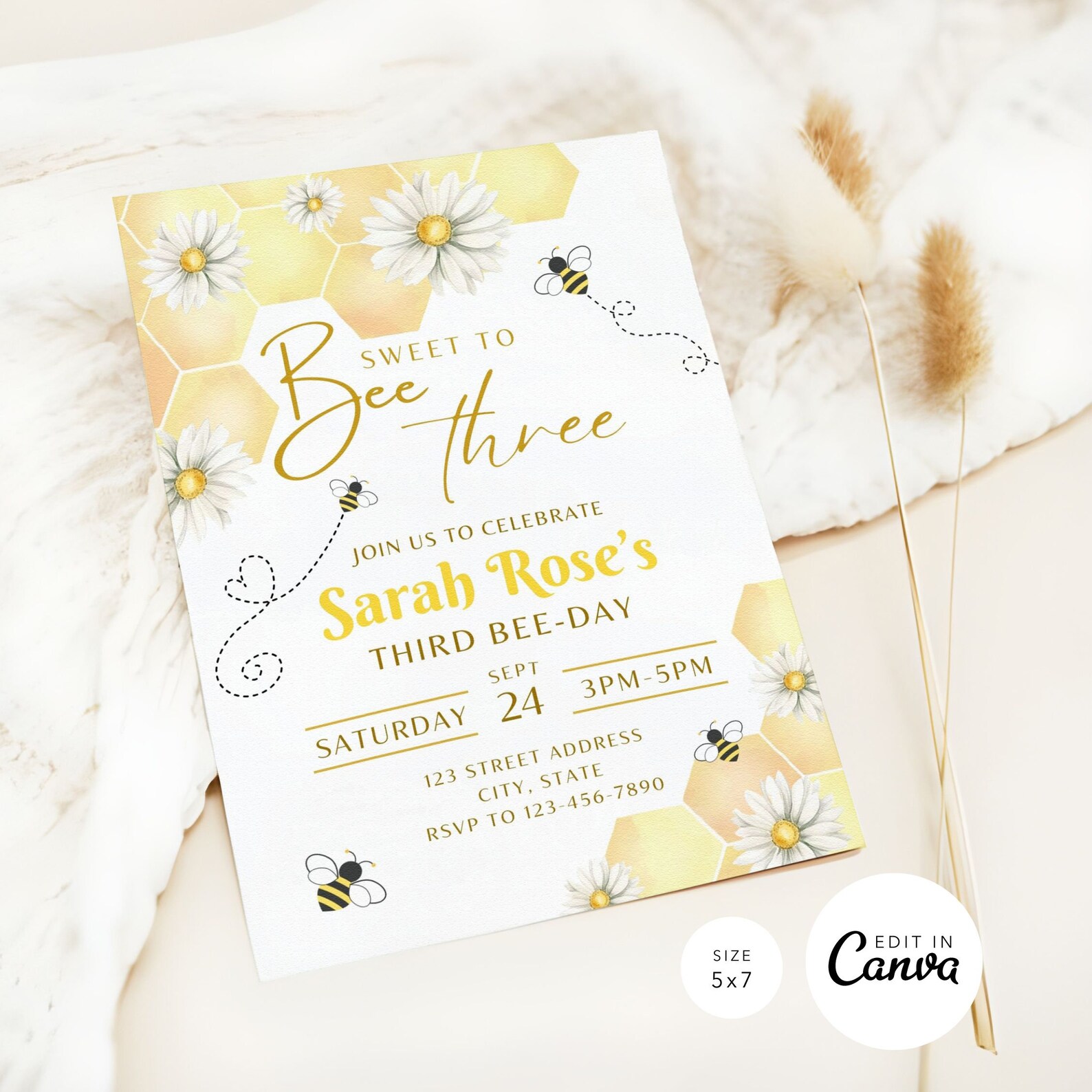 Editable 3rd Bee Birthday Invitation, Honey Bee Birthday Invite ...