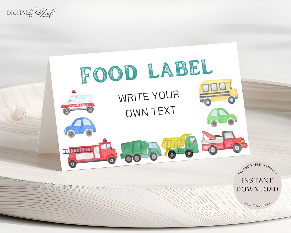 Editable Transportation Food Label, Cars Birthday Party Food Tent Cards ...
