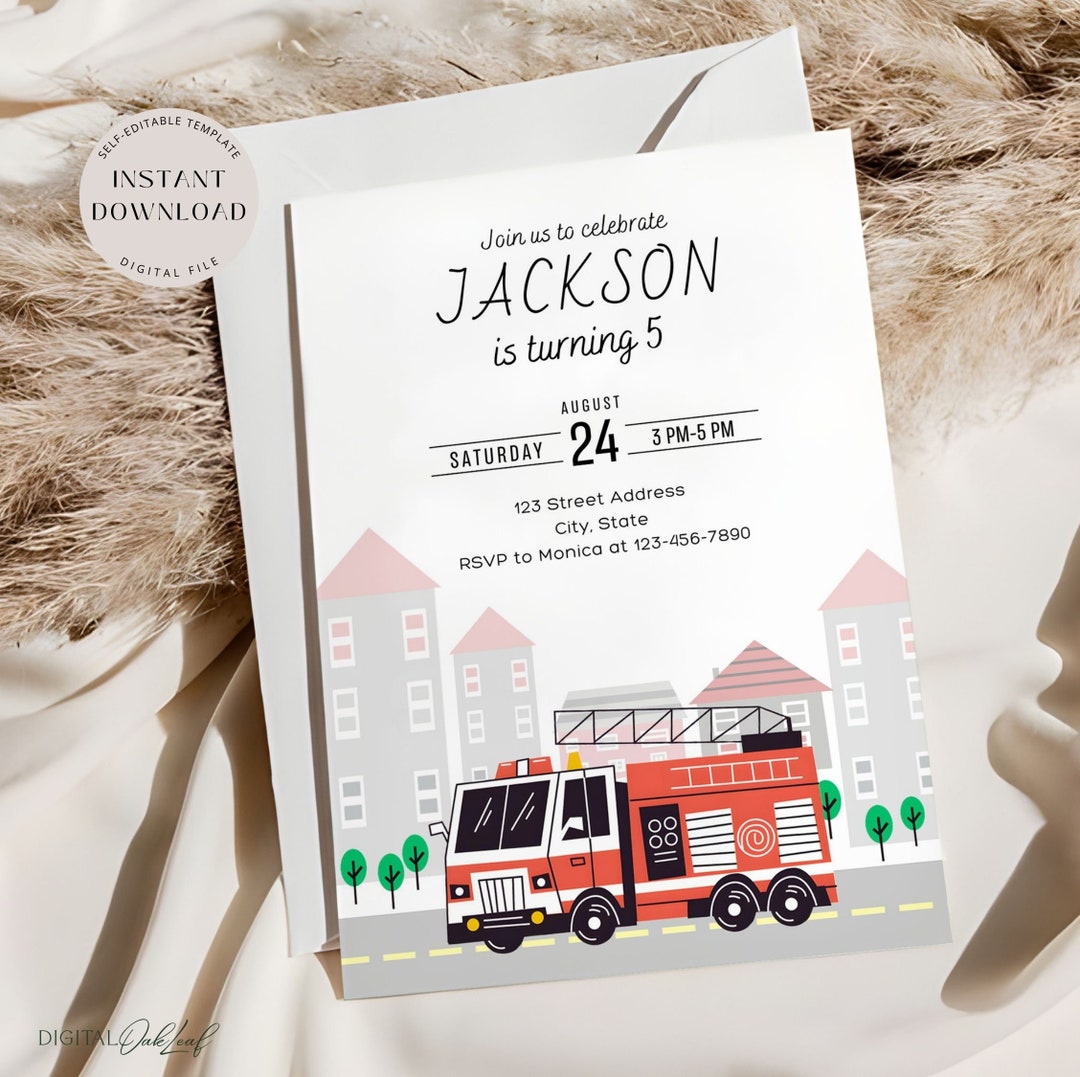 Fire Truck Birthday Invitation Template, Editable Firetruck Kids Party ...