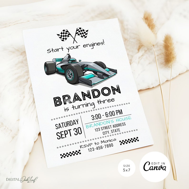 Racing Car Birthday Invitation Template, Green Race Car Party Invite ...