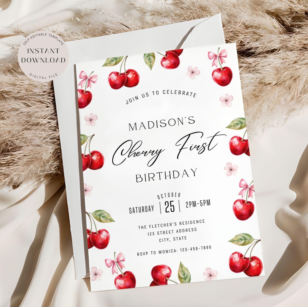 Cherry First Birthday Invitation, Editable Cherry 1st Invitation ...