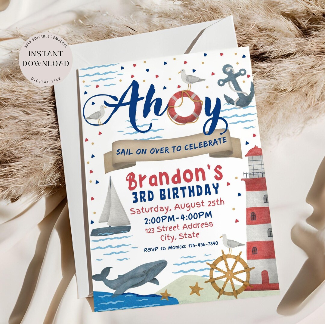 Nautical Birthday Invitation, Editable Sail on Over Party Invite, Ahoy ...