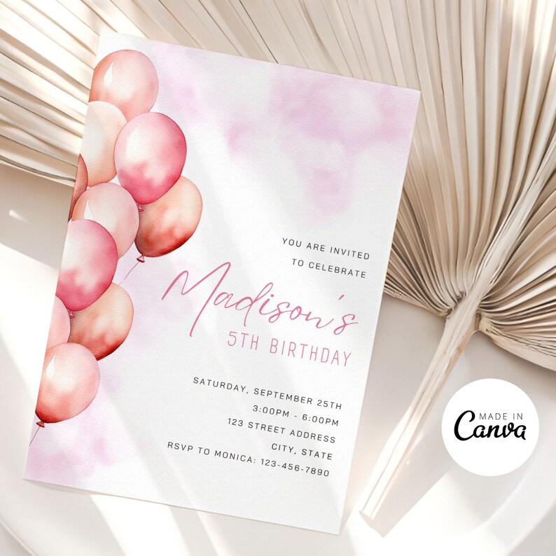 Editable Balloons Birthday Invitation, Printable Blush Pink Party ...