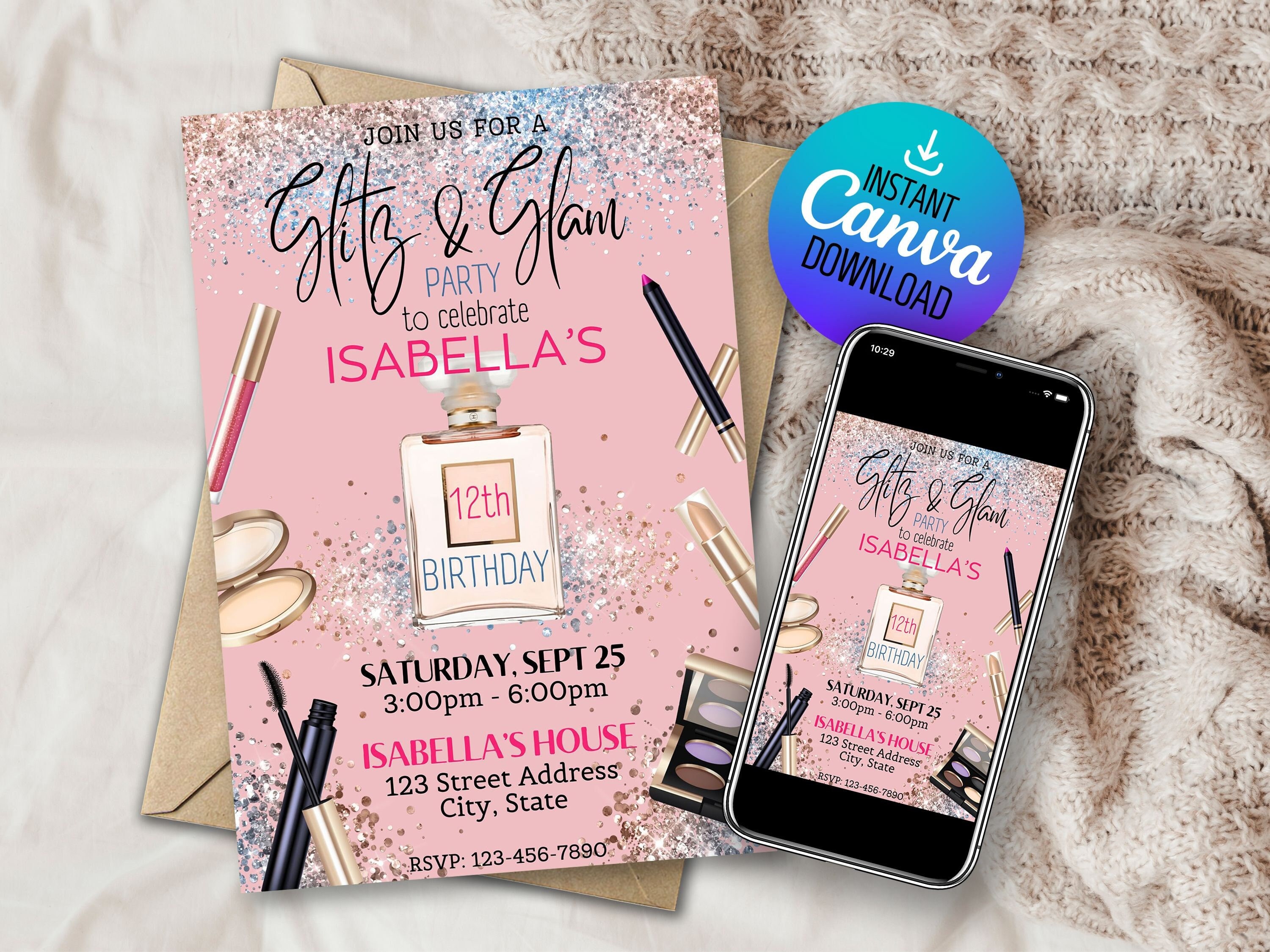 Makeup Birthday Party Invitation, Editable Glamorous Spa Invite, Girls ...