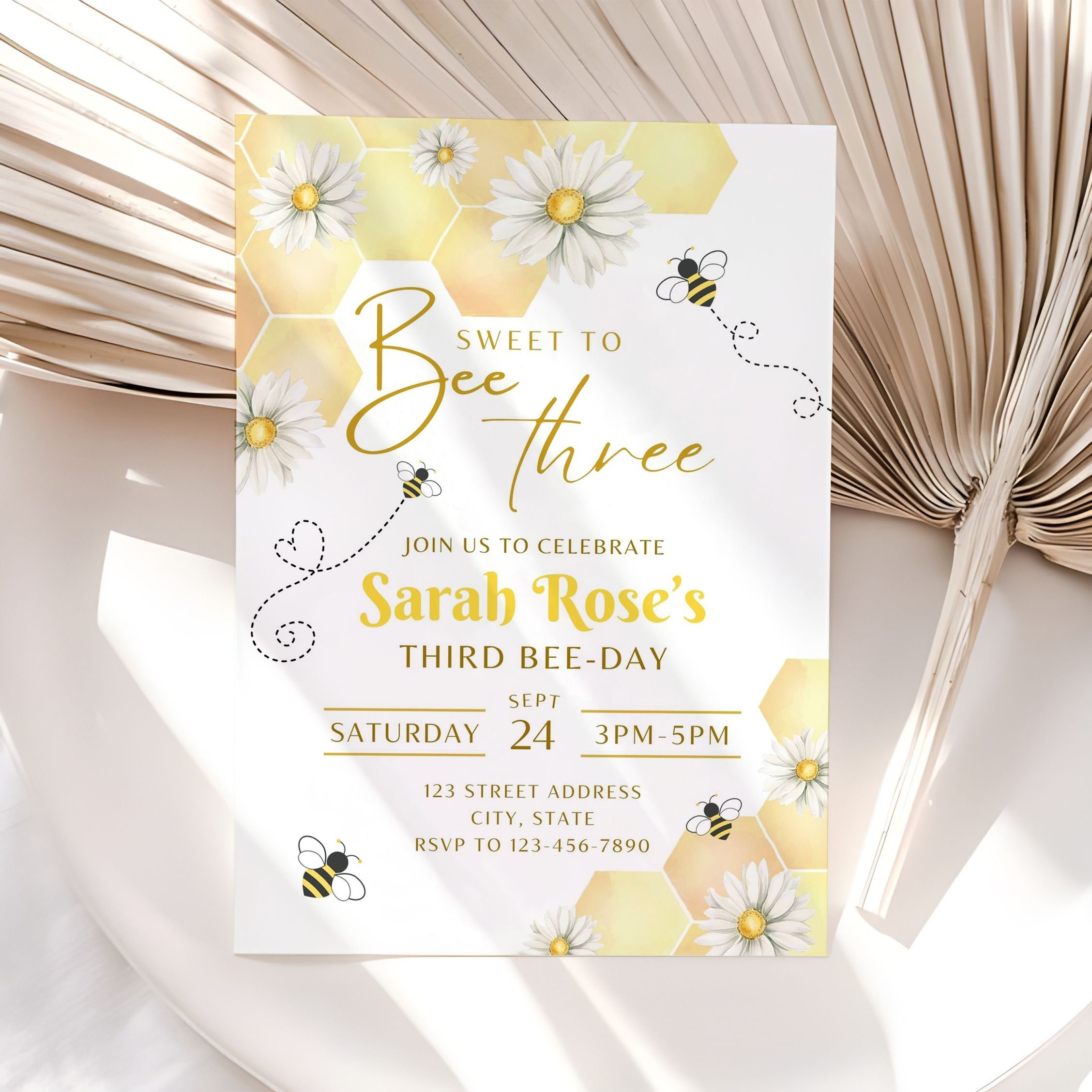 Editable 3rd Bee Birthday Invitation, Honey Bee Birthday Invite ...