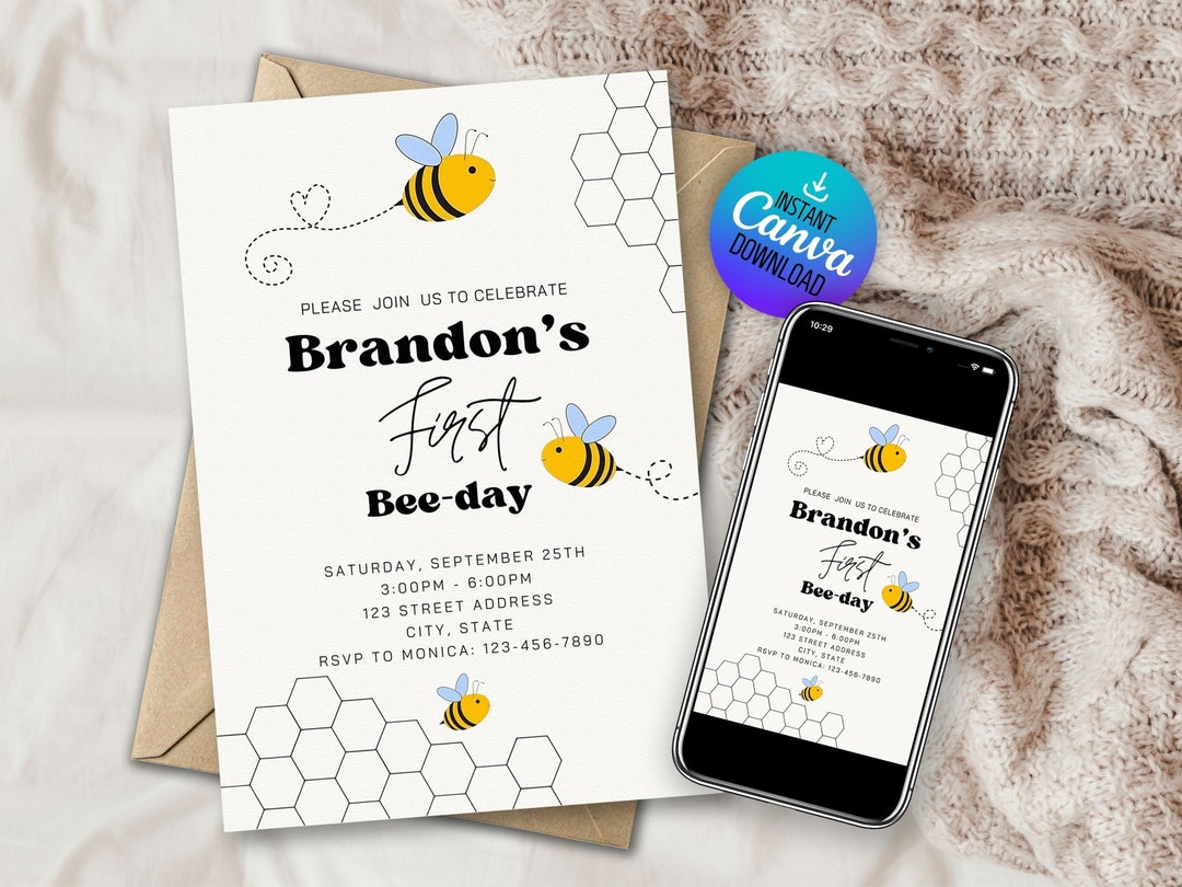 Editable First Bee Birthday Invitation, Minimalist Bee-day Invite ...