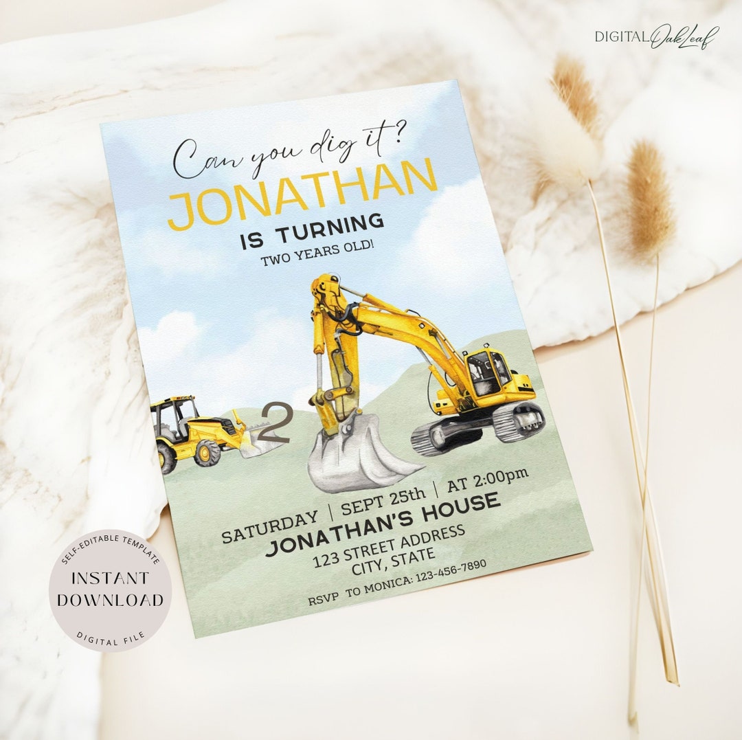 Editable Excavator Birthday Invitation Template, Boys Construction ...