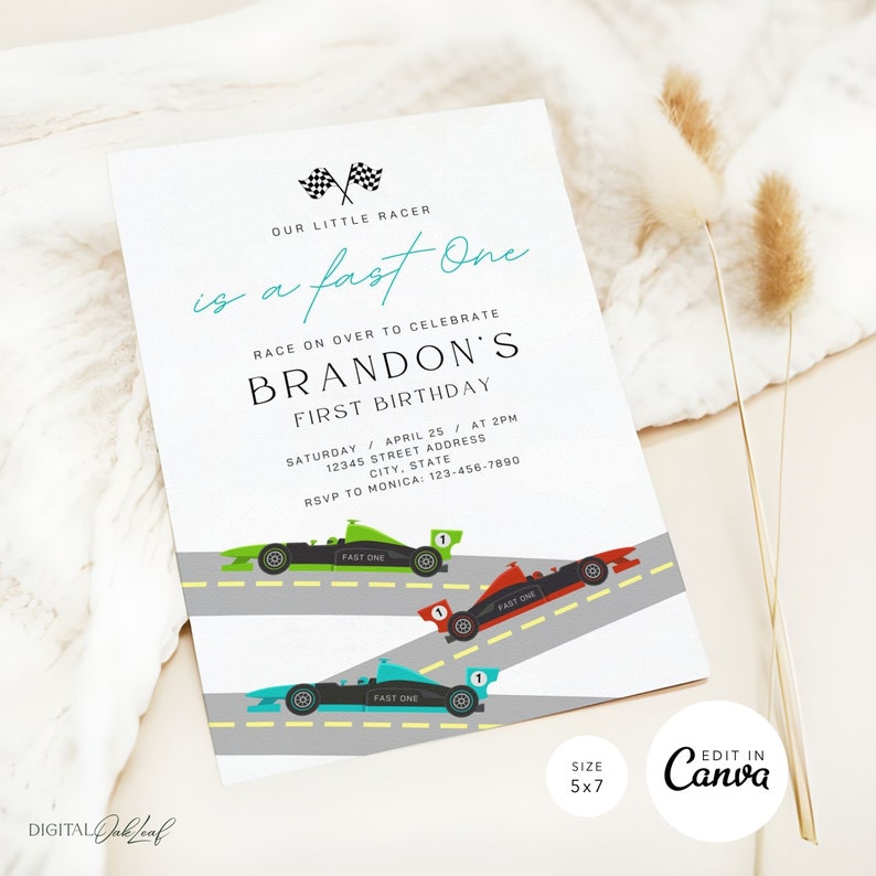 Editable Fast One Birthday Invitation, Race Car 1st Birthday Invite ...