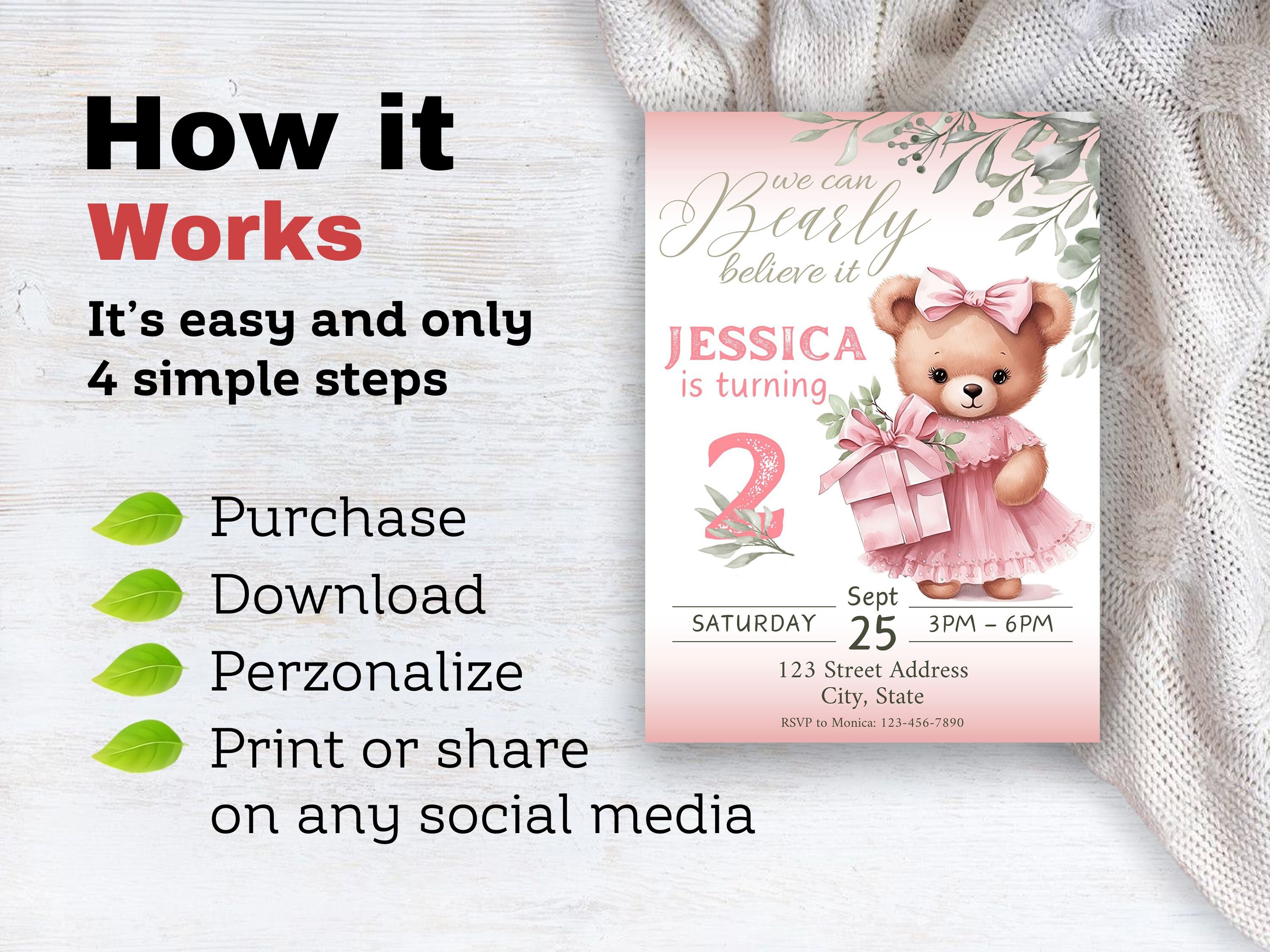 Teddy Bear Birthday Party Invitation Editable Cute Birthday - Etsy