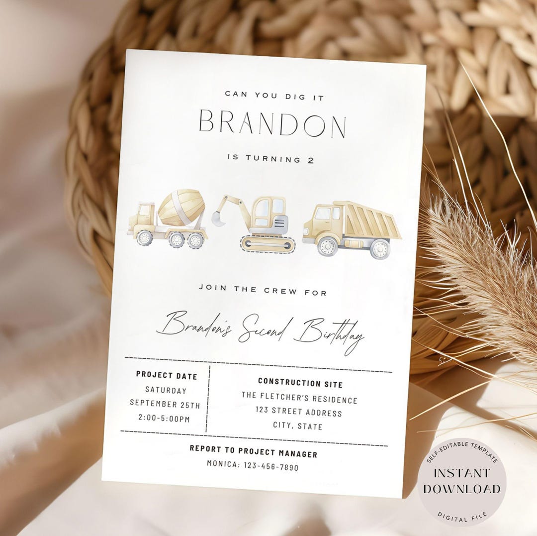 Construction Birthday Invitation, Editable Excavator Dump Truck Invite ...