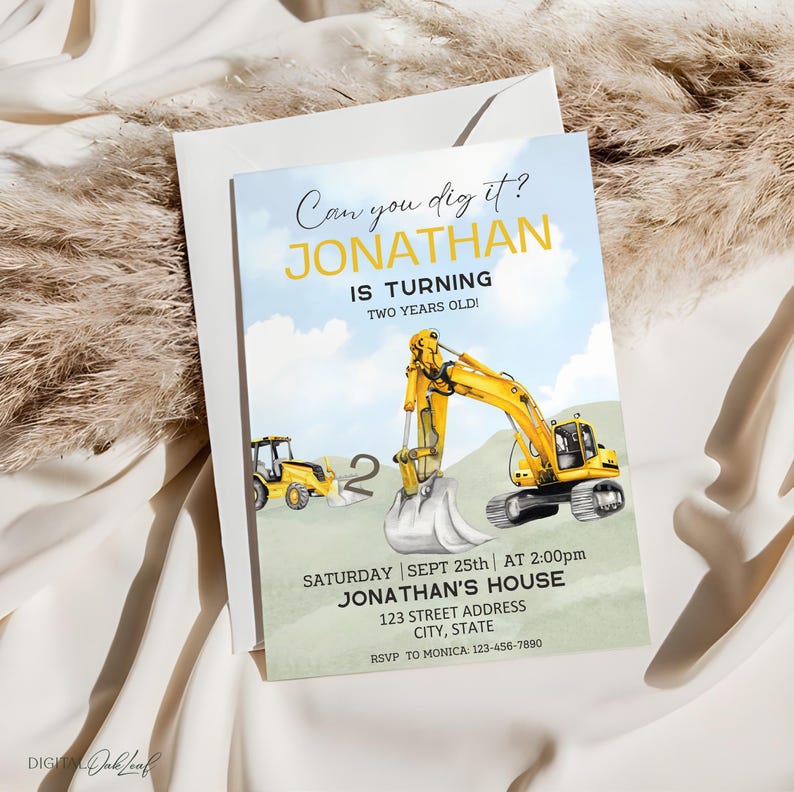 Editable Excavator Birthday Invitation Template, Boys Construction ...