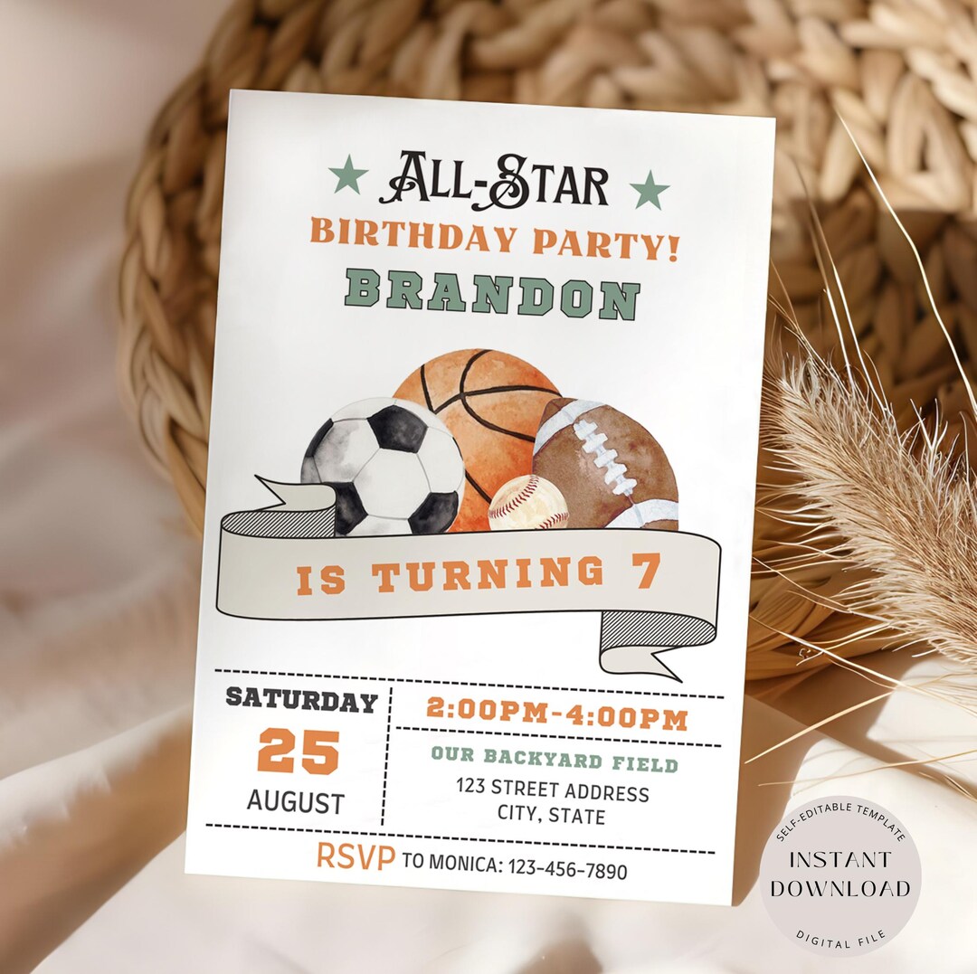 Sports Birthday Invitation, Editable All Star Invite Template, Sports ...